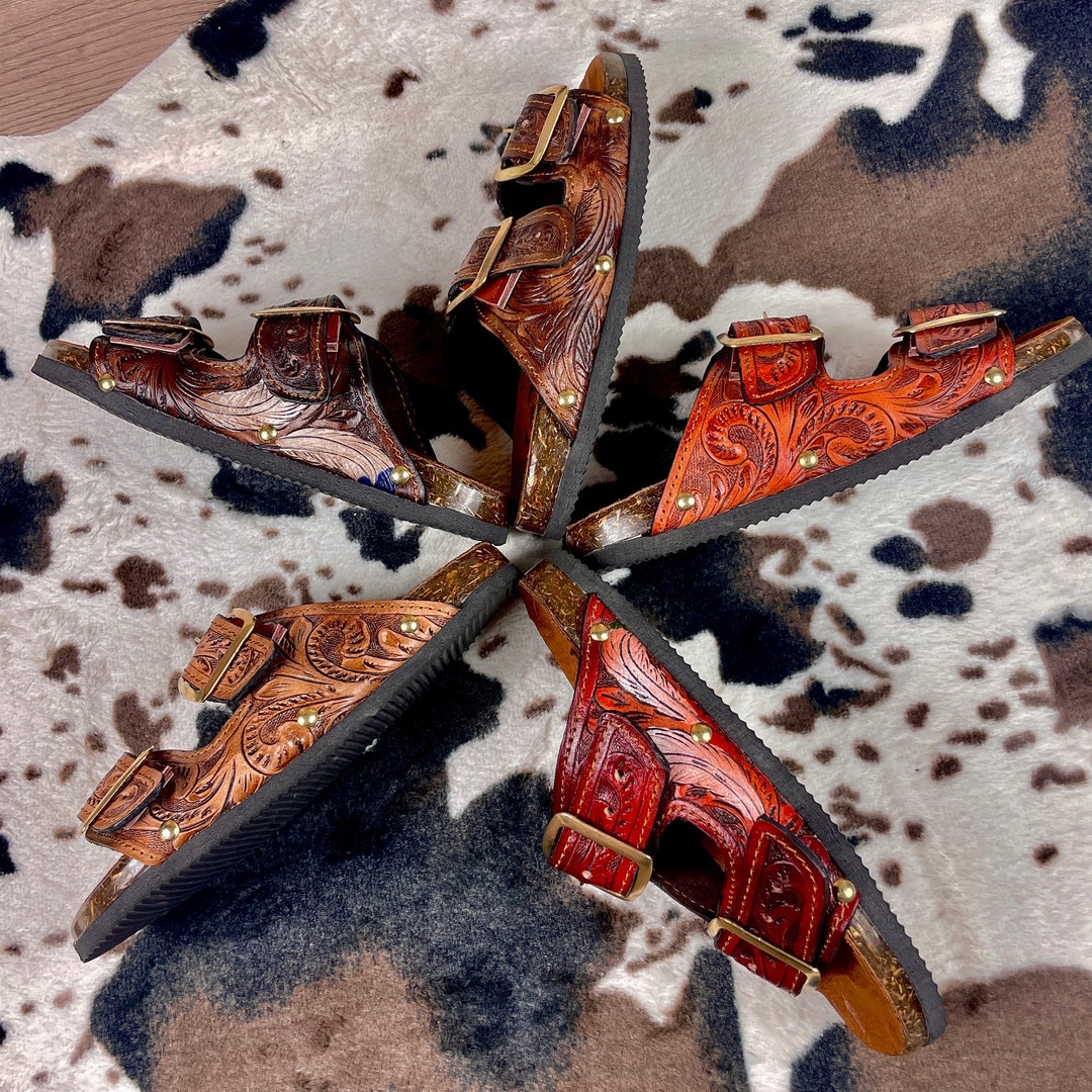 Beautiful Handmade Hand Tooled Leather Double Strap Sandals Size 6US ...