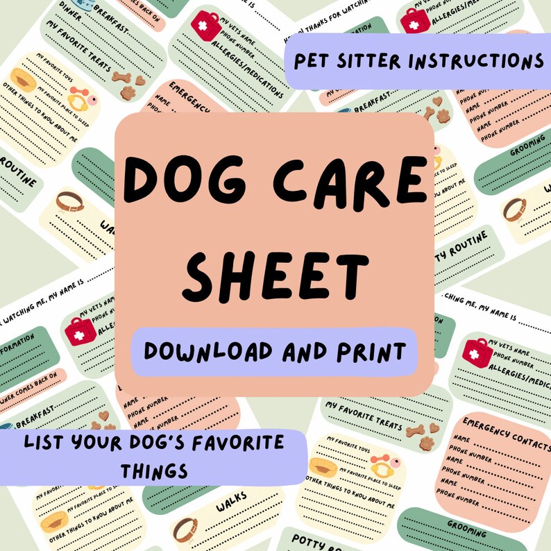 Printable Dog Care Sheet, Pet Sitter Instructions, Dog Information ...