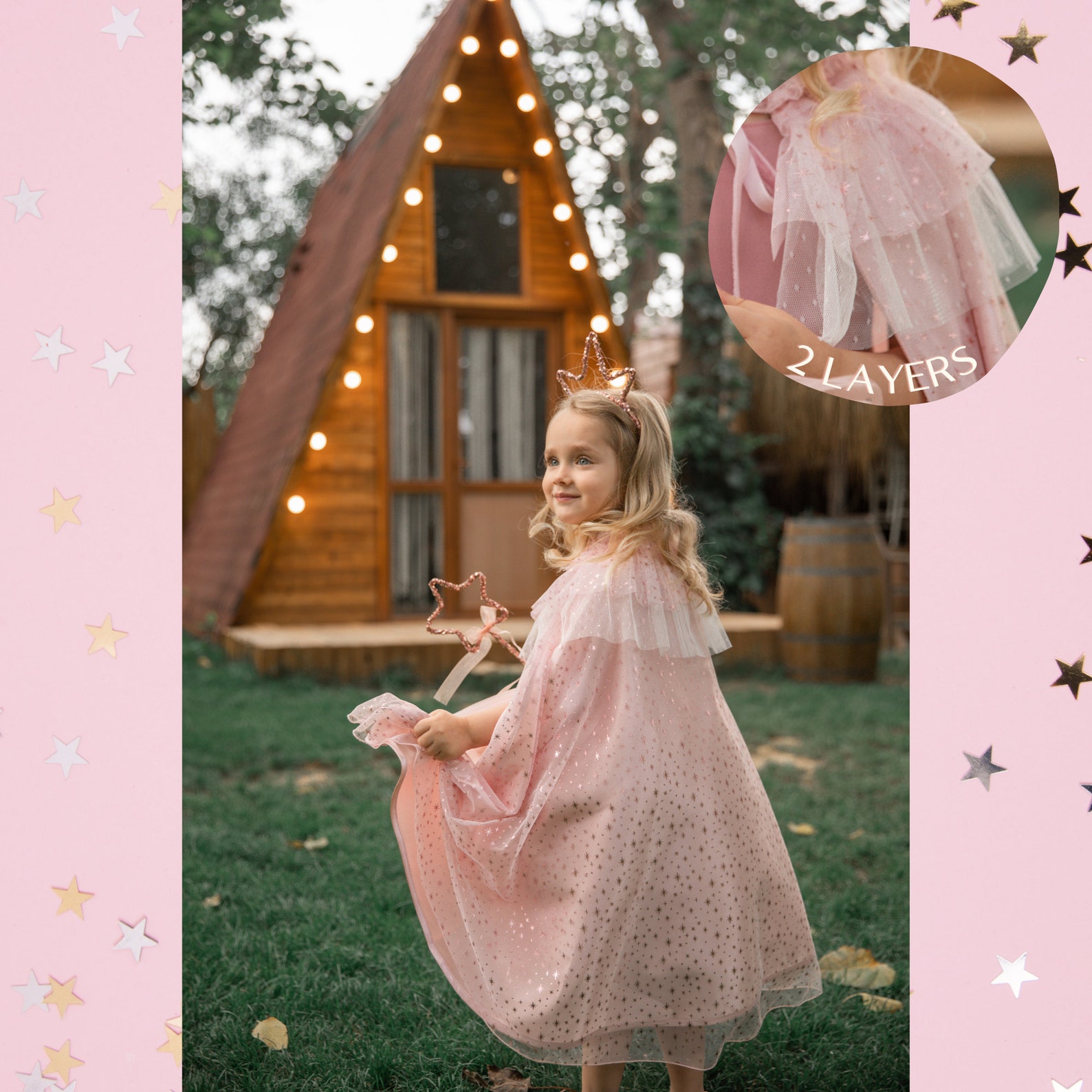 Kids Magic Cape Set With Tulle and Glowing Stars Rose Gold Printing ...