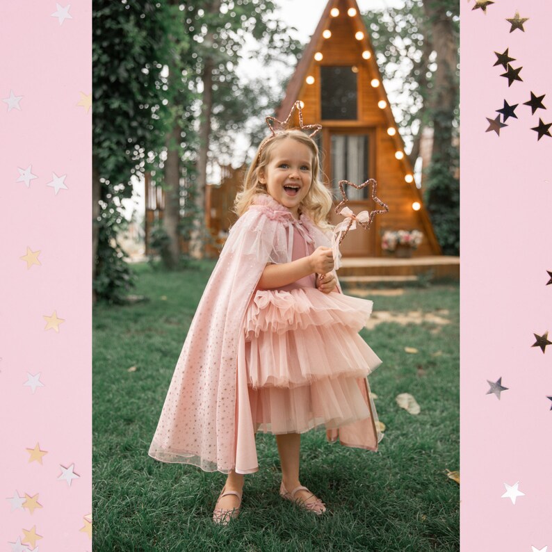 Kids Magic Cape Set With Tulle and Glowing Stars Rose Gold Printing ...