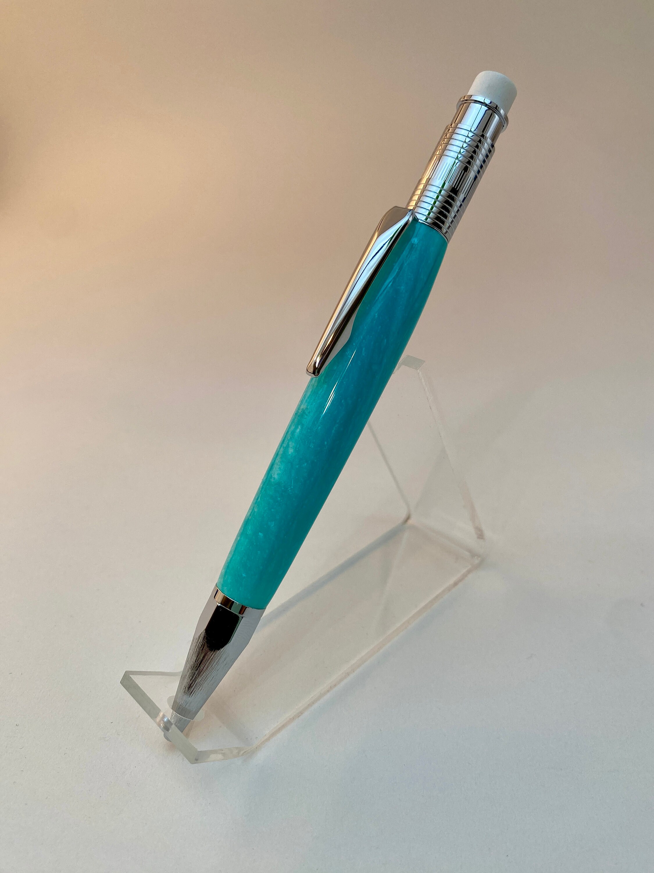 Hand Turned 2mm Mechanical Chrome Pencil Turquoise Acrylic With Stand ...