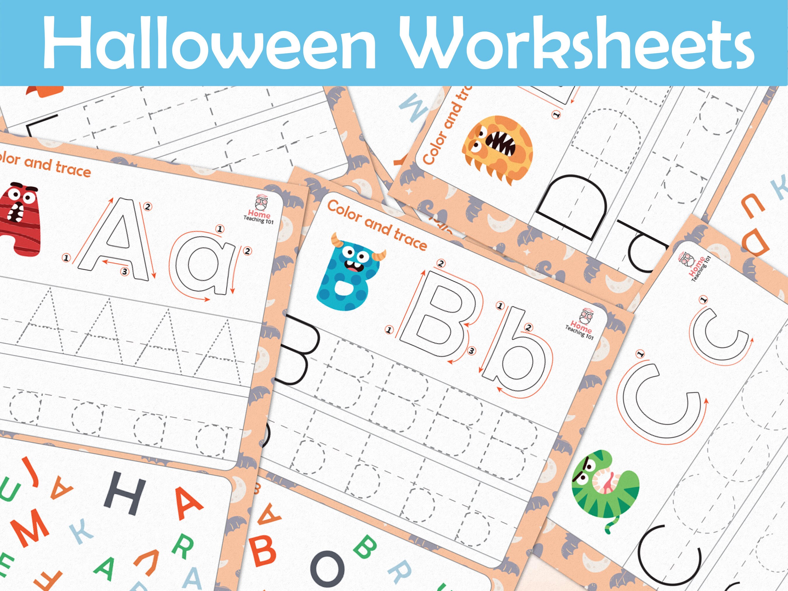 Halloween Alphabet Practice Illustrated Worksheets. Letter Coloring ...