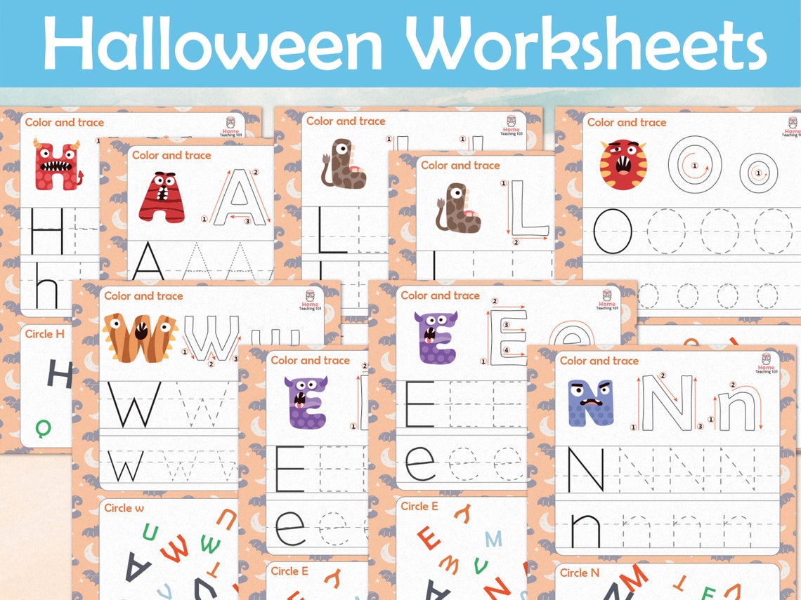 Halloween Alphabet Practice Illustrated Worksheets. Letter Coloring ...