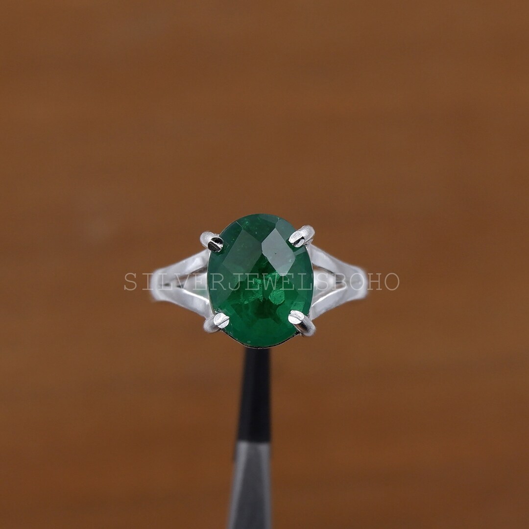 925 Solid Sterling Silver Checker Cut Emerald Oval Ring - Etsy