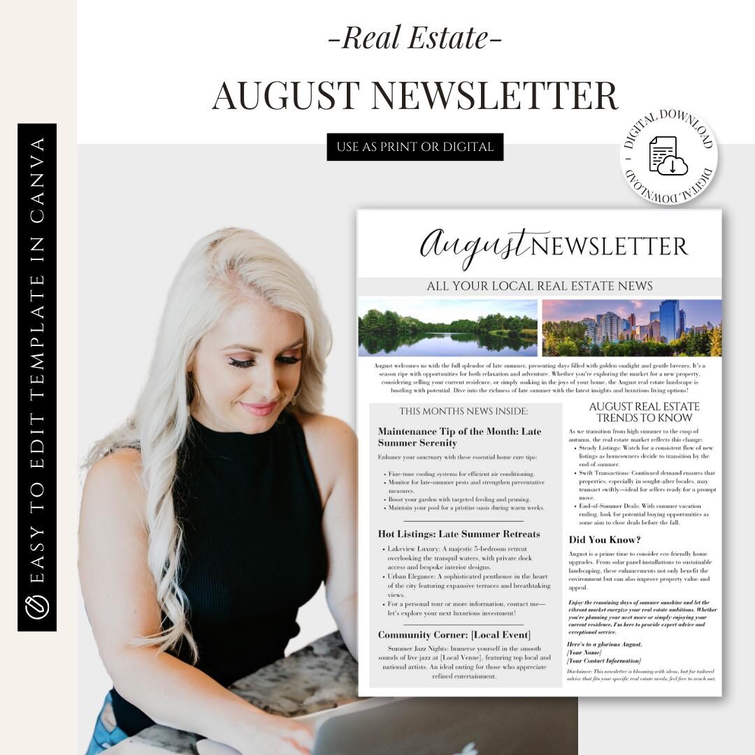 August Real Estate Newsletter Template | Editable Canva Template ...