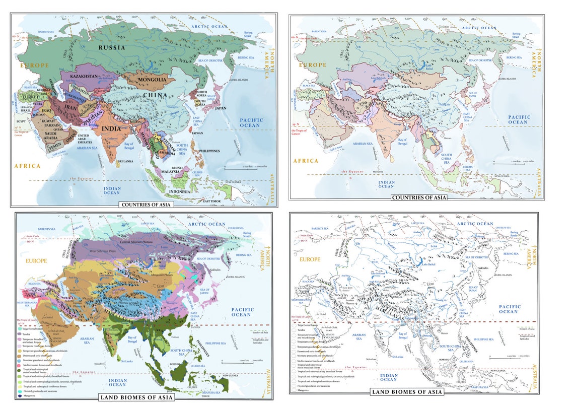 Maps of Asia Physical, Political, and Biomes Printable Geography ...