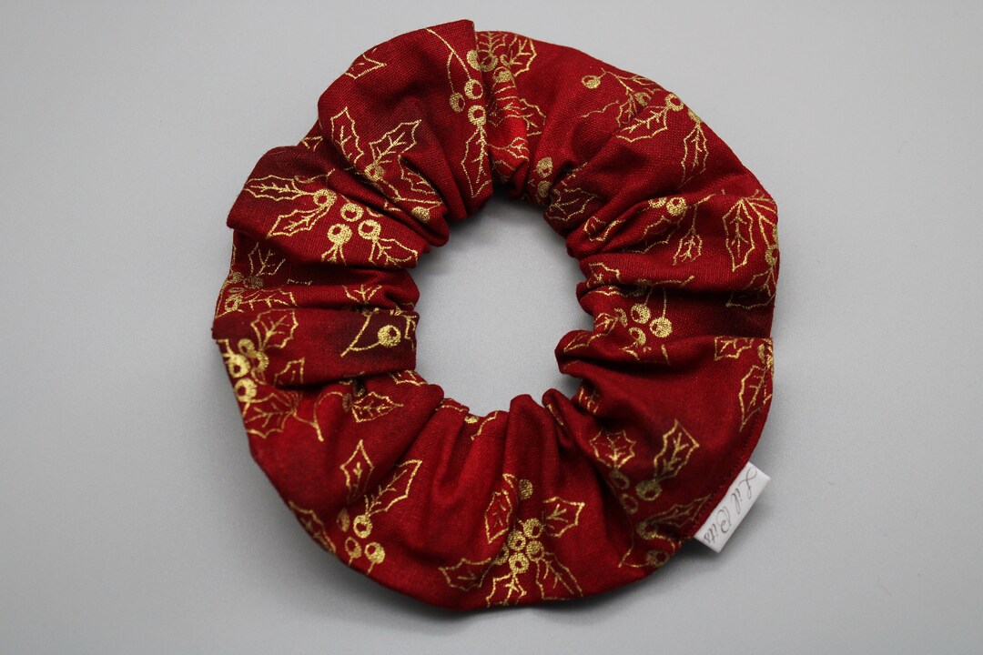 Handmade Christmas Scrunchie, Deep Red/wine With Gold Holly Outline ...