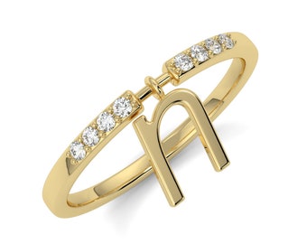 18K Gold Alphabet "e" Ring, Real Diamond Ring With Certificate, Initial Letter Ring, Monogram ...
