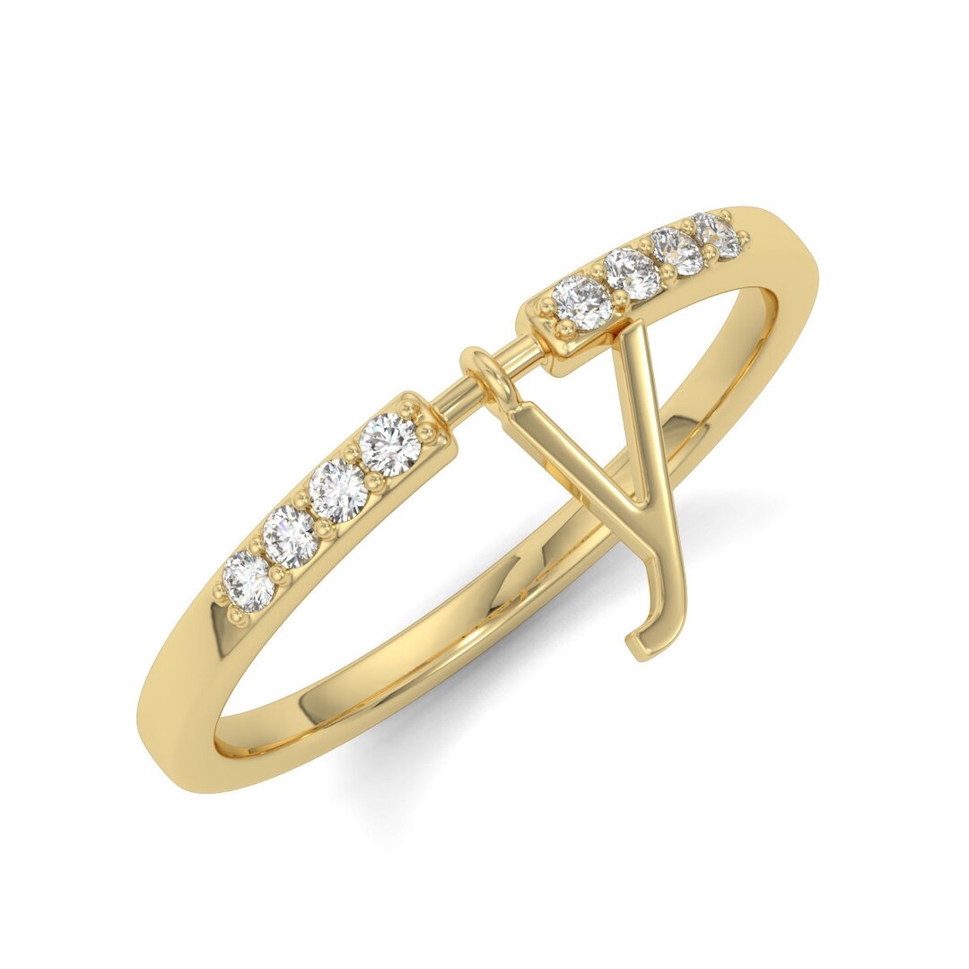 18K Gold Alphabet "y" Ring, Real Diamond Ring With Certificate, Initial ...