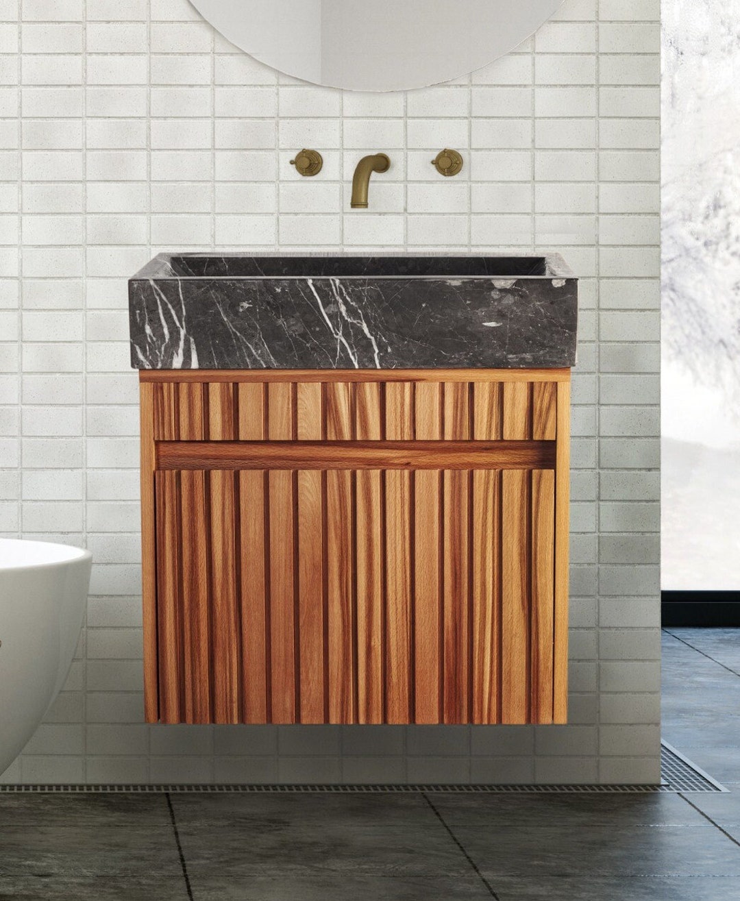 NEW! Solid Wood Vanity Bathroom Vanity With Drawer Fluted Design Vanity ...