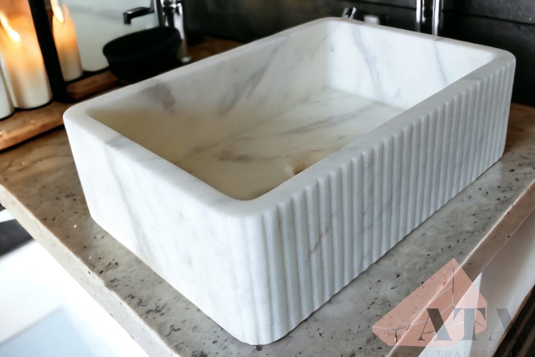 Fluted Carrara Marble Bathroom Sink | Wall Mount Vessel Sink | Custom ...