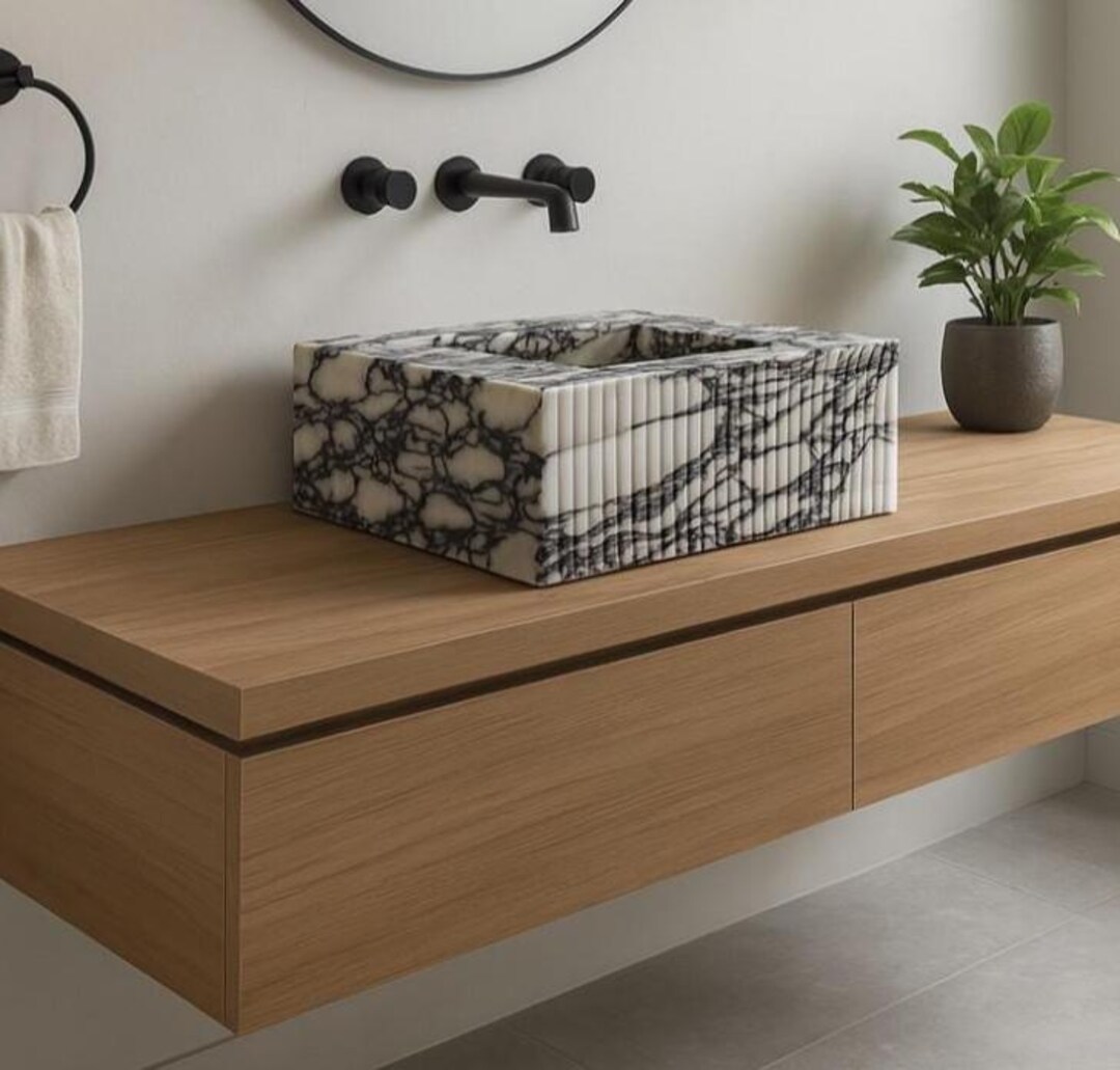 Fluted Calacatta Viola Marble Bathroom Sink | Wall Mount Vessel Sink ...