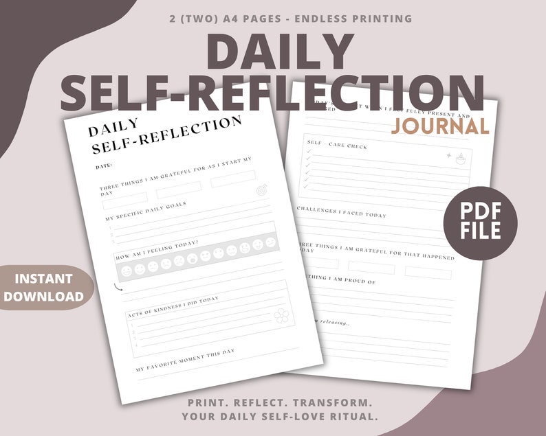Daily Self Reflection Journal Mood Tracker Printable Gratitude Diary ...