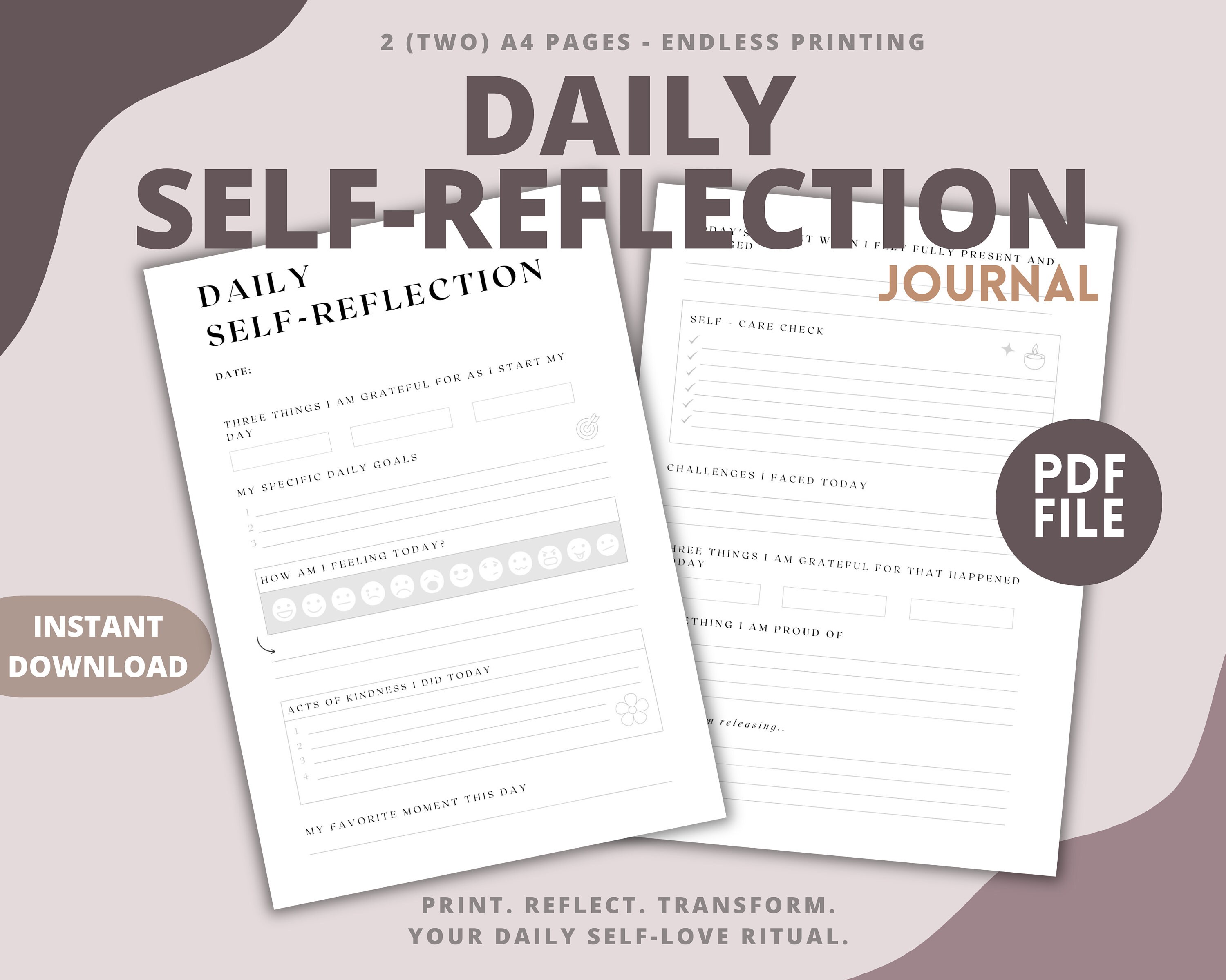 Daily Self Reflection Journal Mood Tracker Printable Gratitude Diary ...