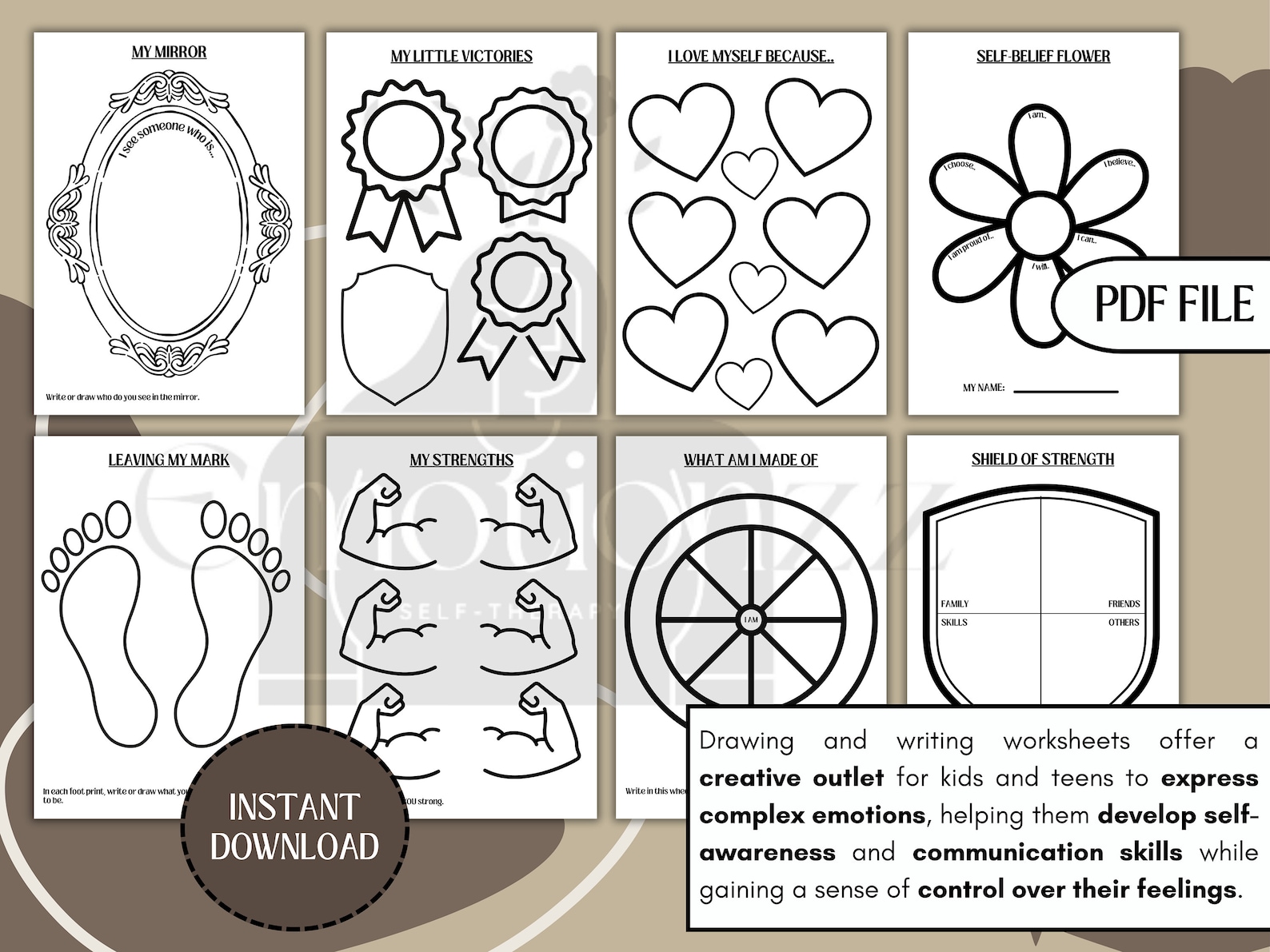 Printable Art Therapy Bundle, Emotional Regulation Worksheets, CBT Tool ...