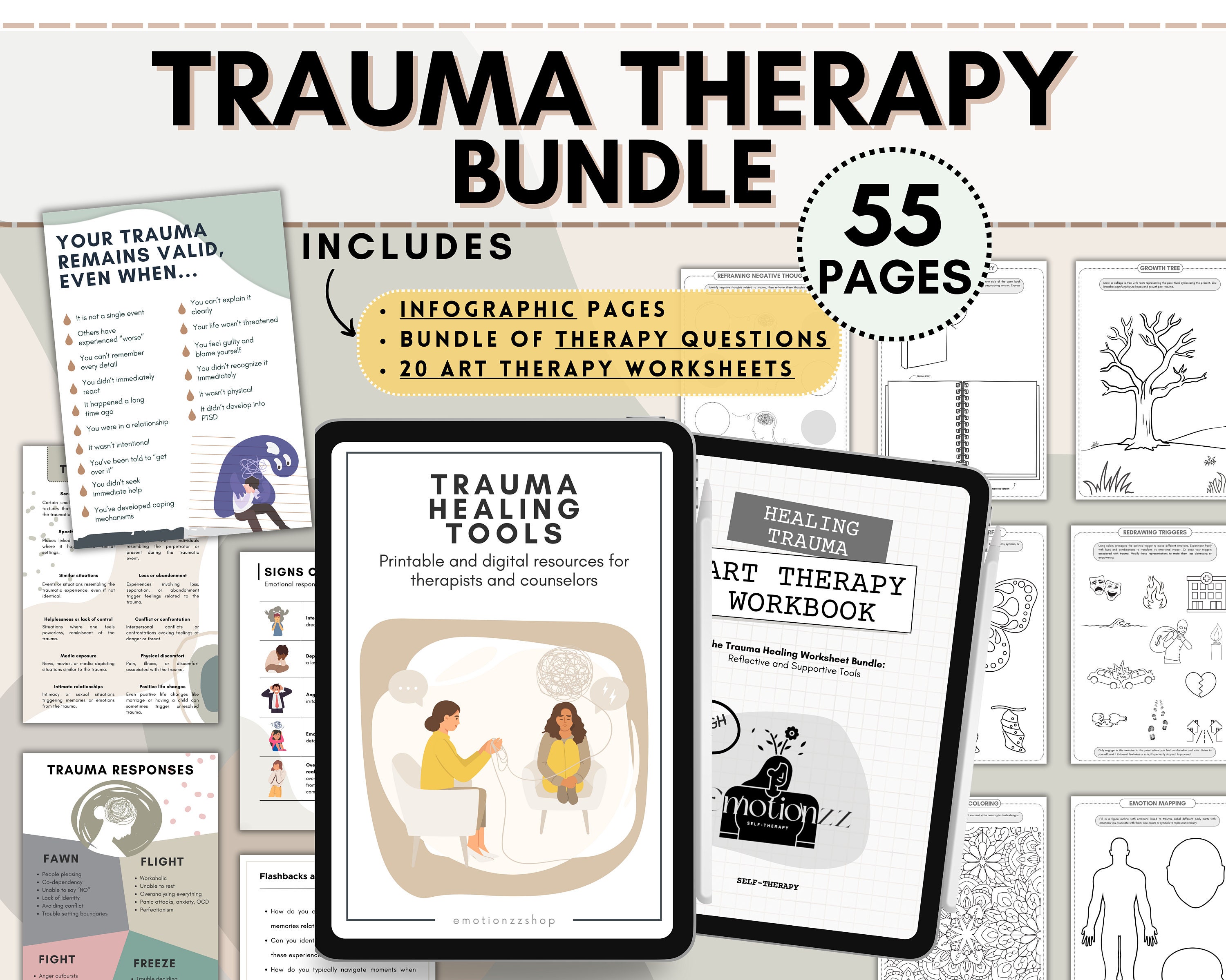 Trauma Healing Bundle, Printable Art Therapy Worksheets, CBT ...