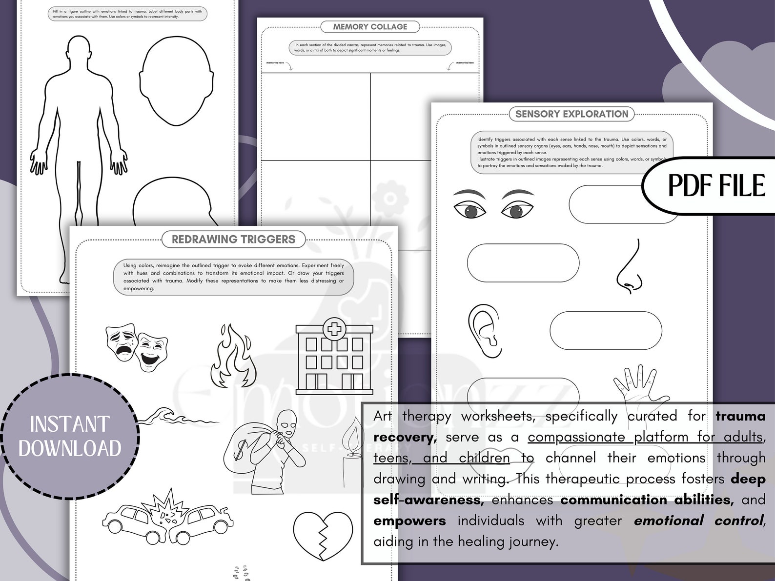 Art Therapy Worksheet Bundle for Trauma Healing, CBT Tool, Mental ...