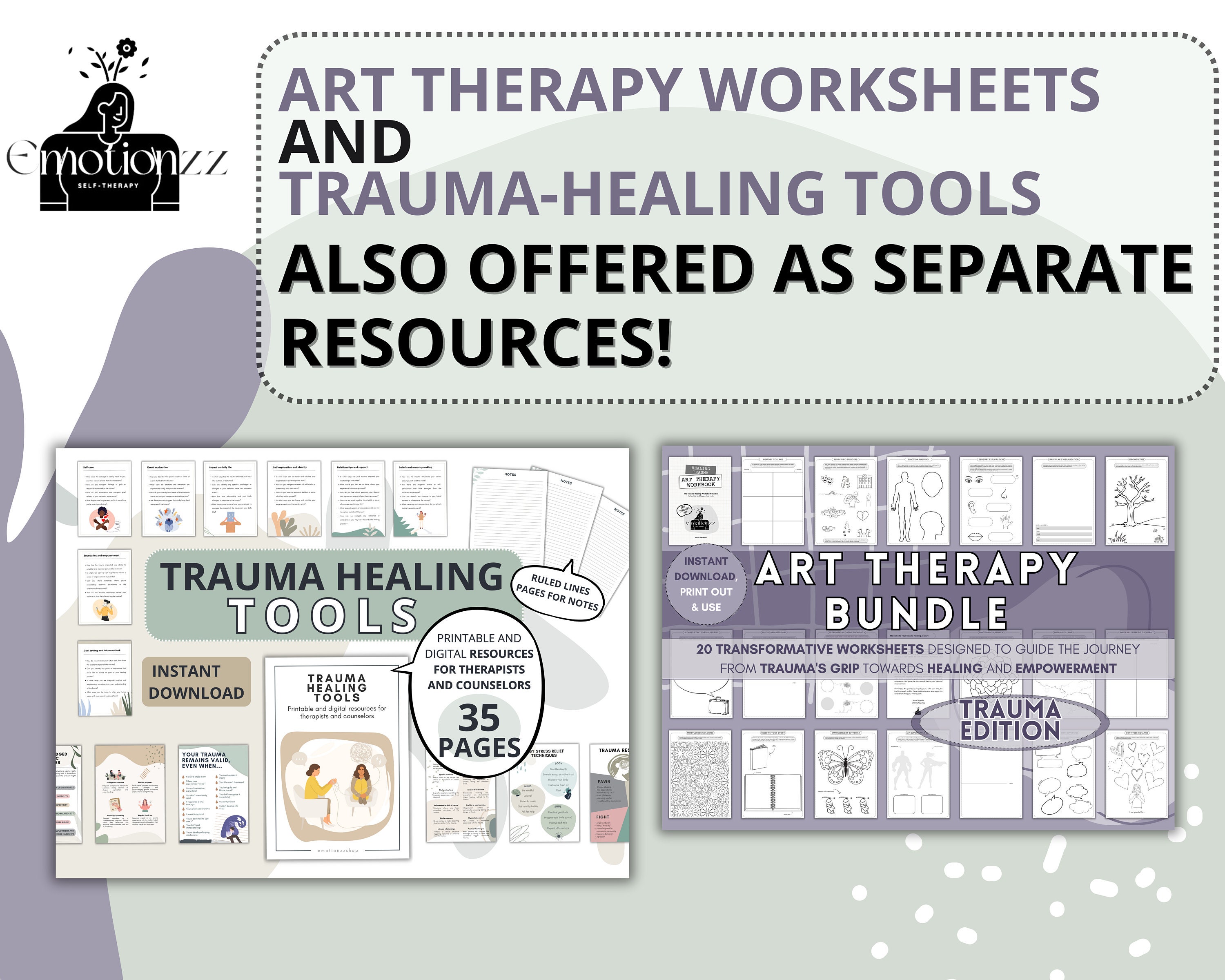 Trauma Healing Bundle, Printable Art Therapy Worksheets, CBT ...