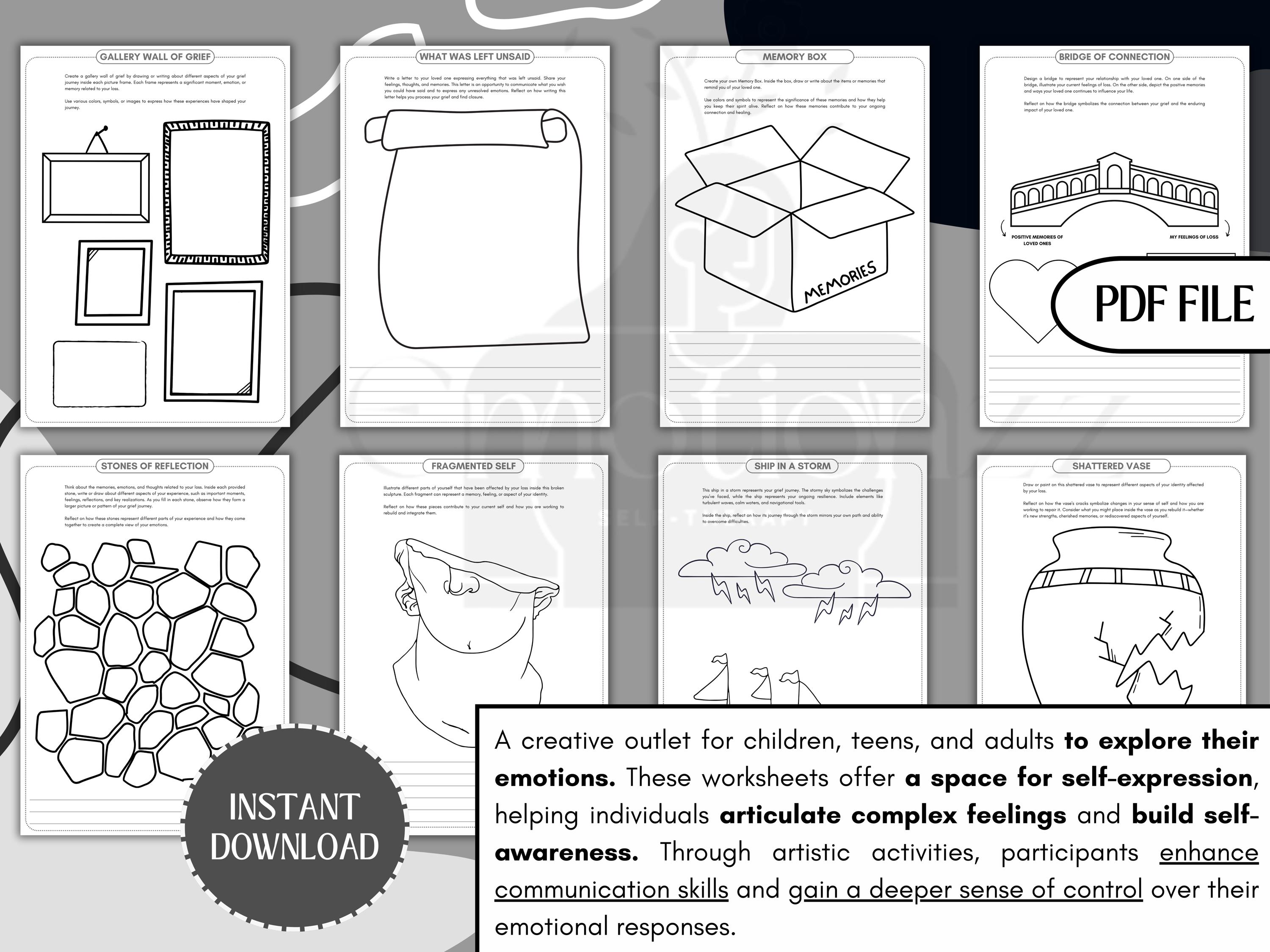 Grief & Loss Art Therapy Worksheets, Healing Printable Bundle (PDF) - Etsy