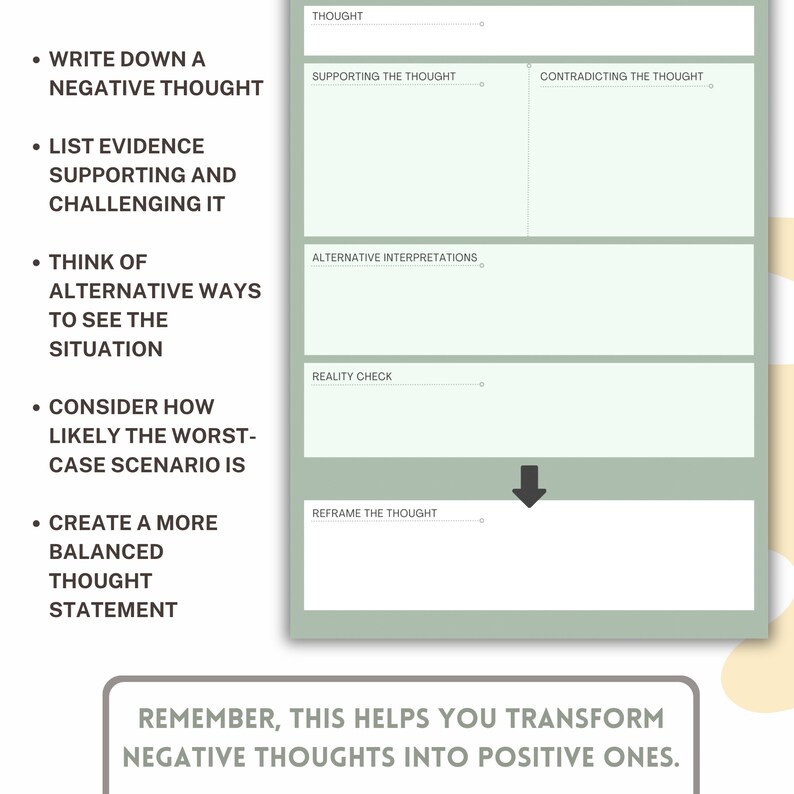 Thought Reframed Worksheet Therapy Resource Mental Health Tool ...