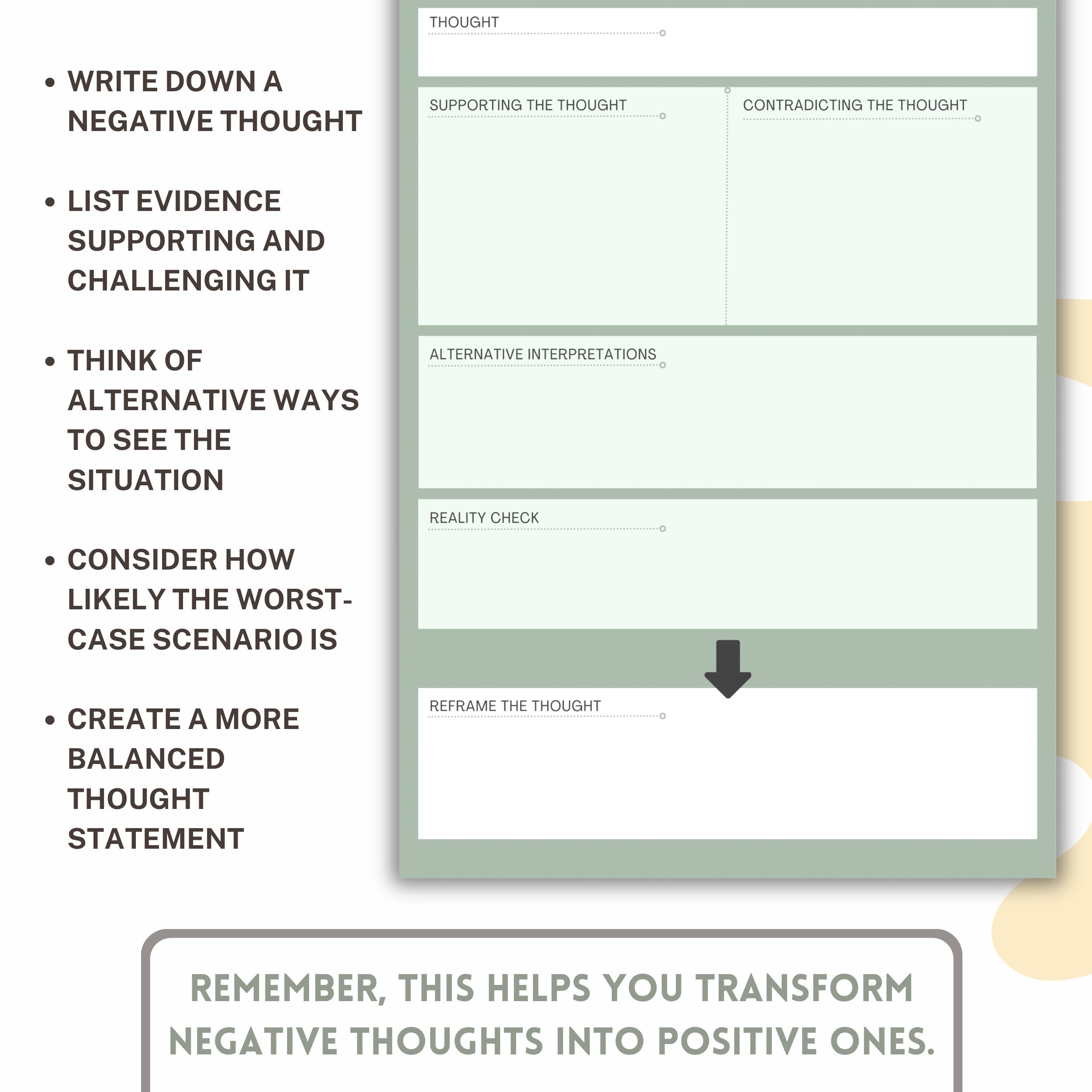 Thought Reframed Worksheet Therapy Resource Mental Health Tool ...