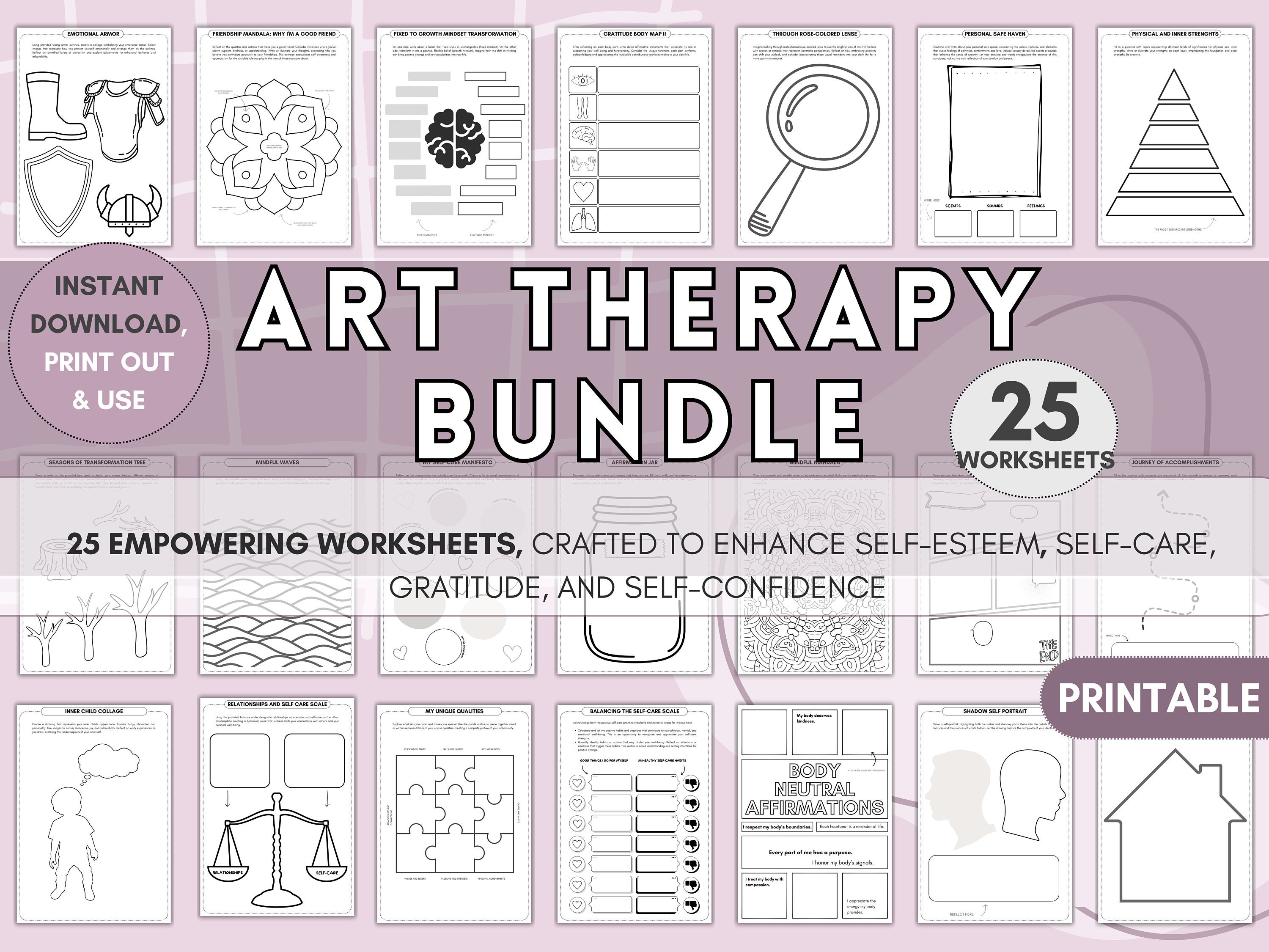 Printable Art Therapy Bundle, Emotional Regulation Worksheets, CBT Tool ...