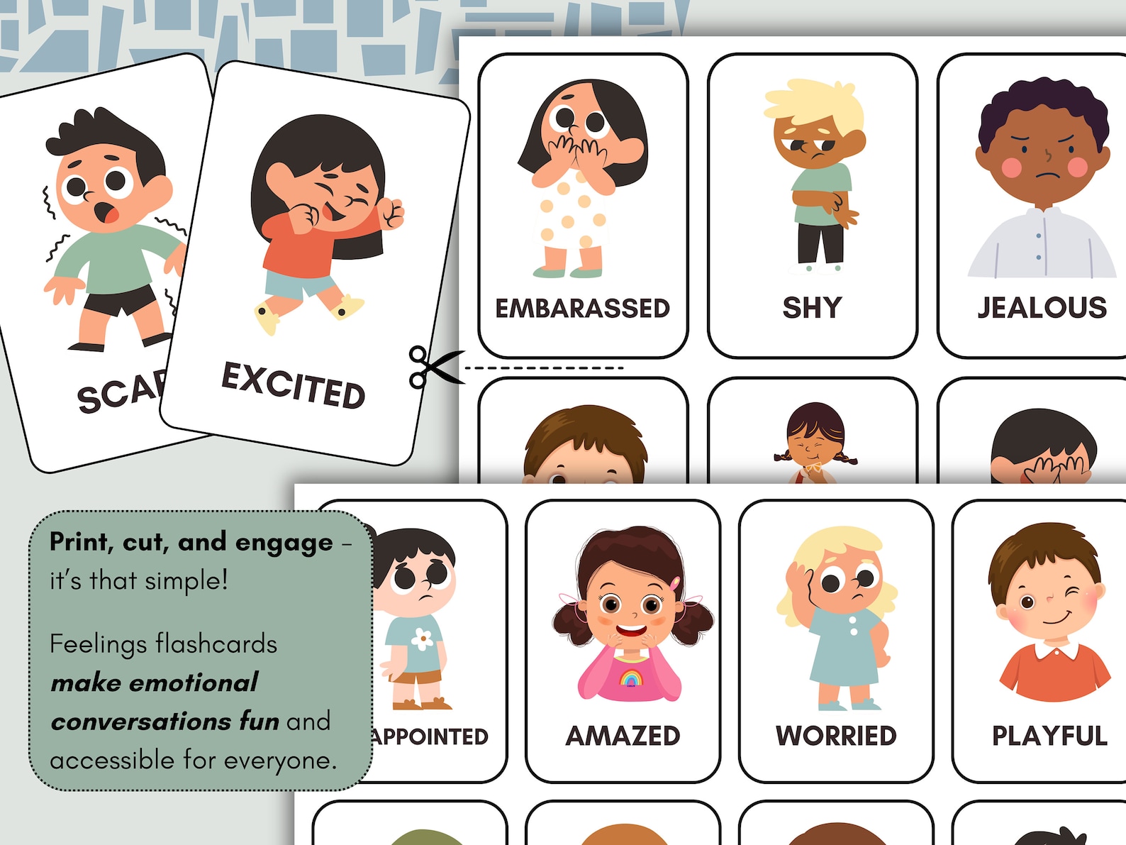Printable Emotions Flashcards for Kids, Feelings Chart, Therapy Tools ...