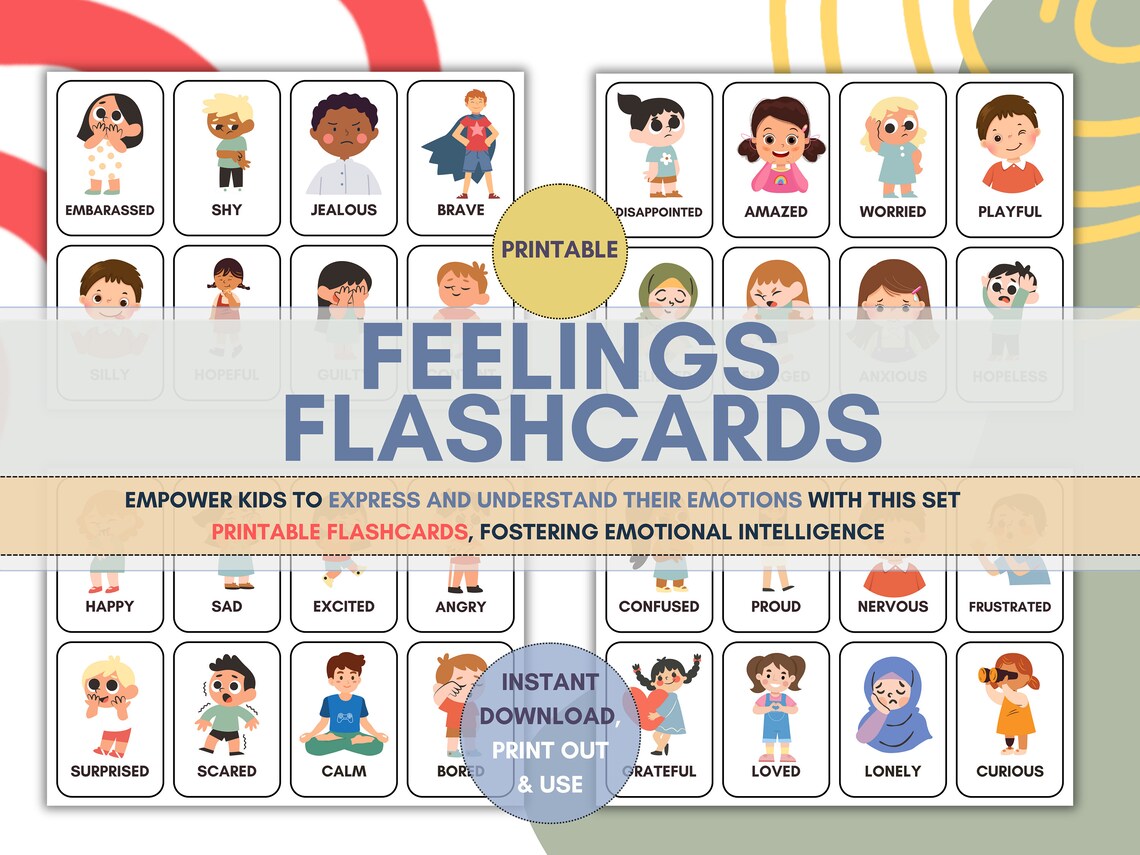 Printable Emotions Flashcards for Kids, Feelings Chart, Therapy Tools ...