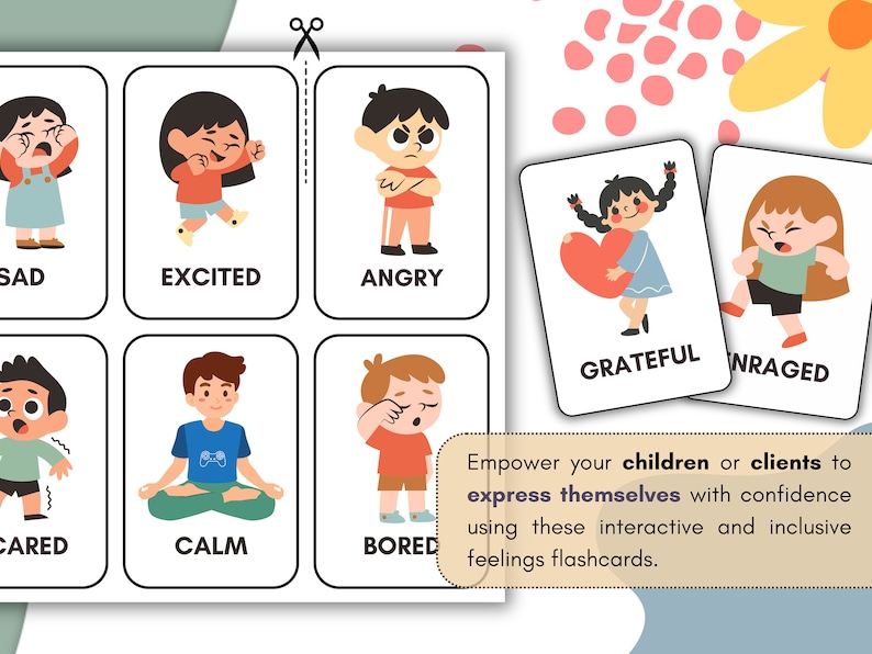 Printable Emotions Flashcards for Kids, Feelings Chart, Therapy Tools ...