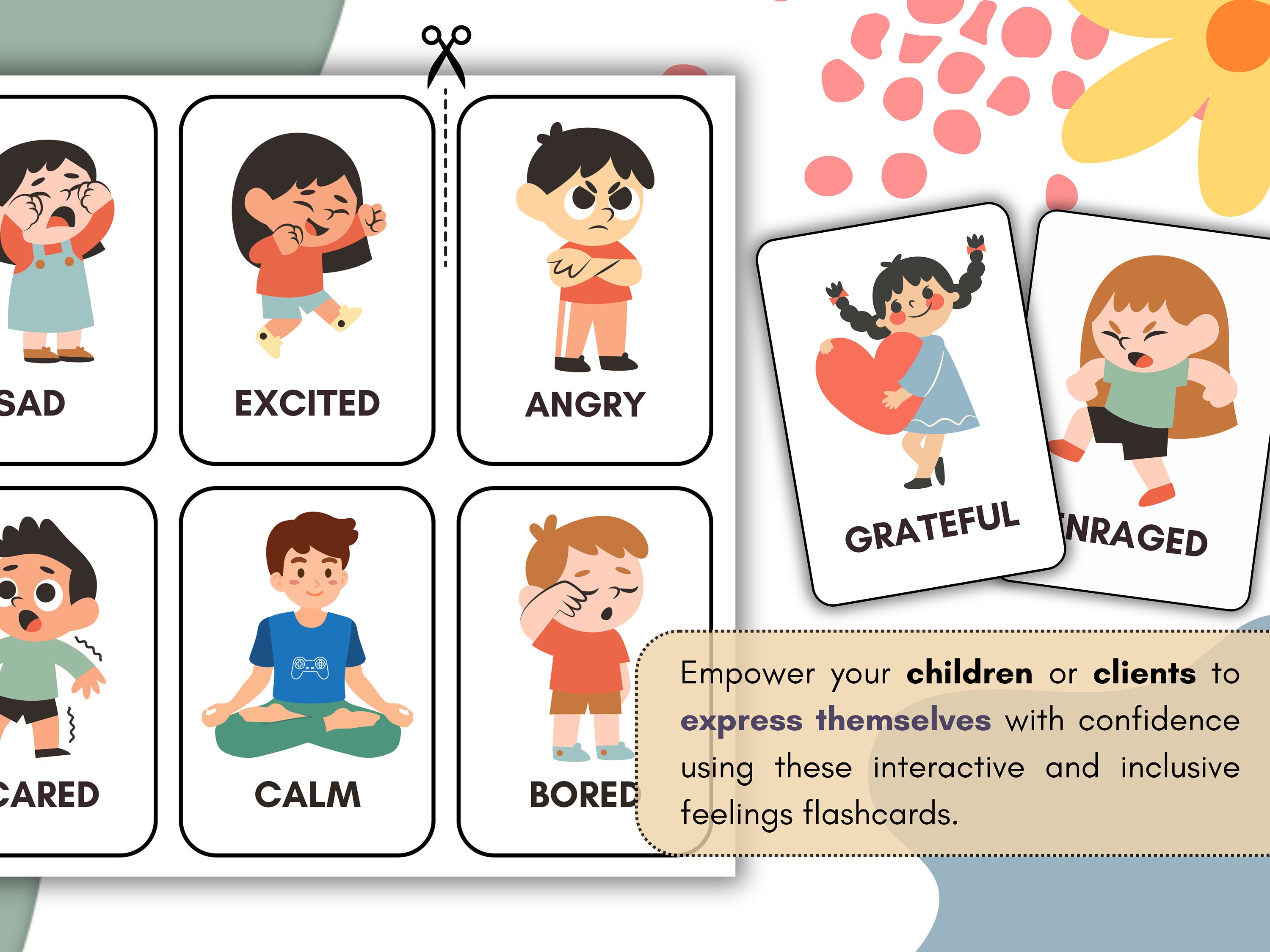 Printable Emotions Flashcards for Kids, Feelings Chart, Therapy Tools ...