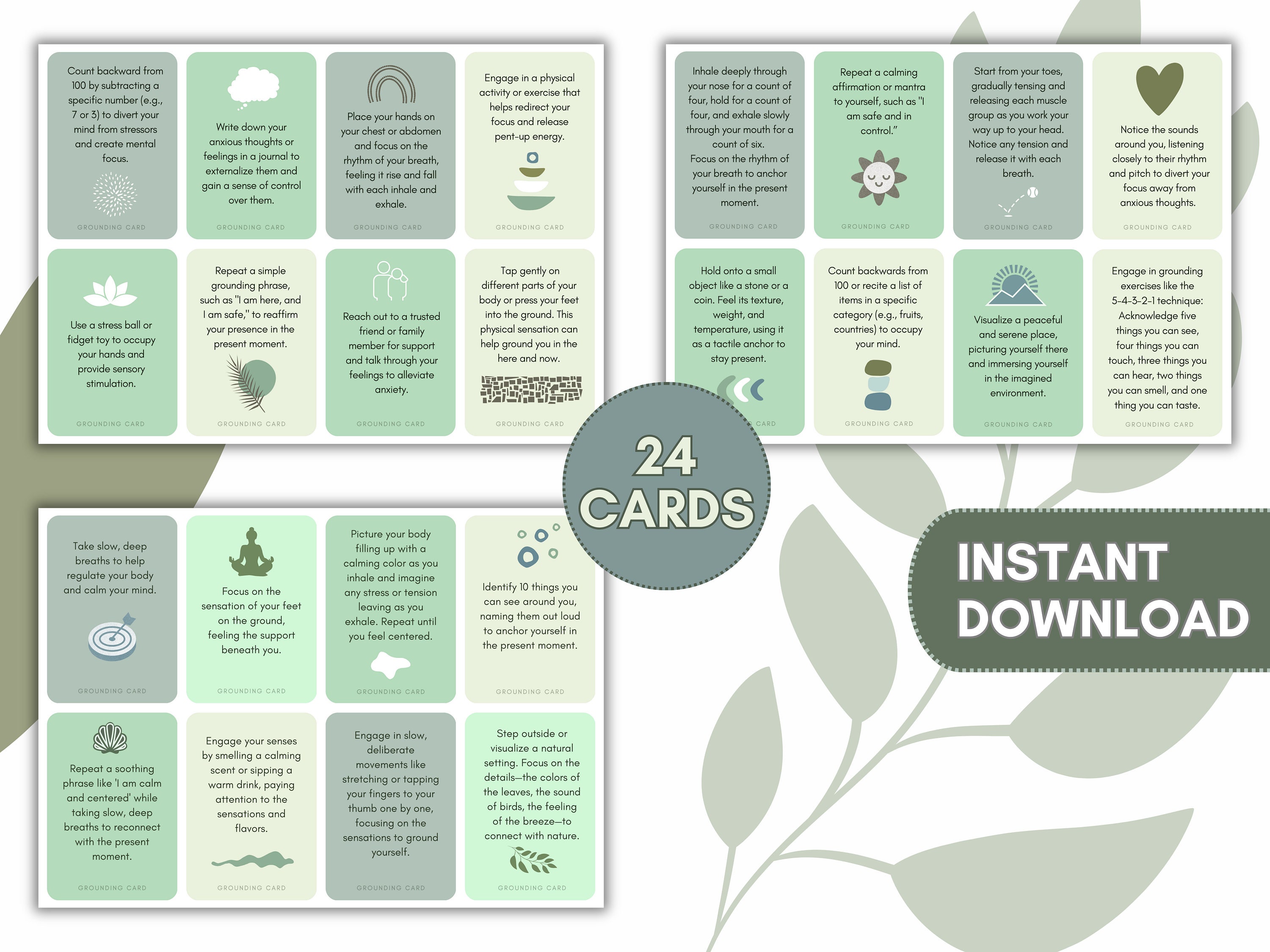 Anxiety Affirmations Coping Skill Cards, Mindfulness and Grounding ...