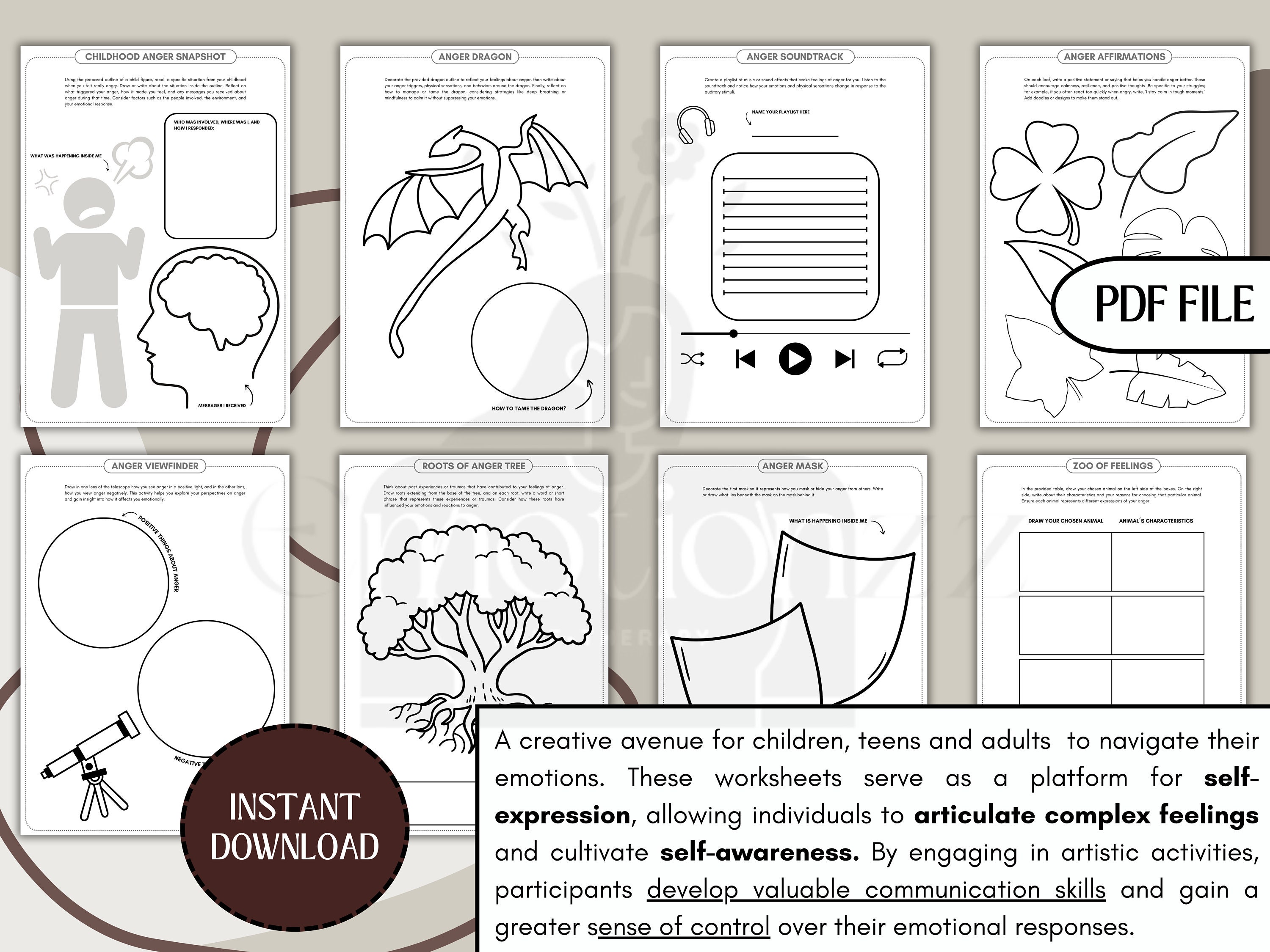 Anger Management Art Therapy Worksheet Bundle (digital Download) - Etsy