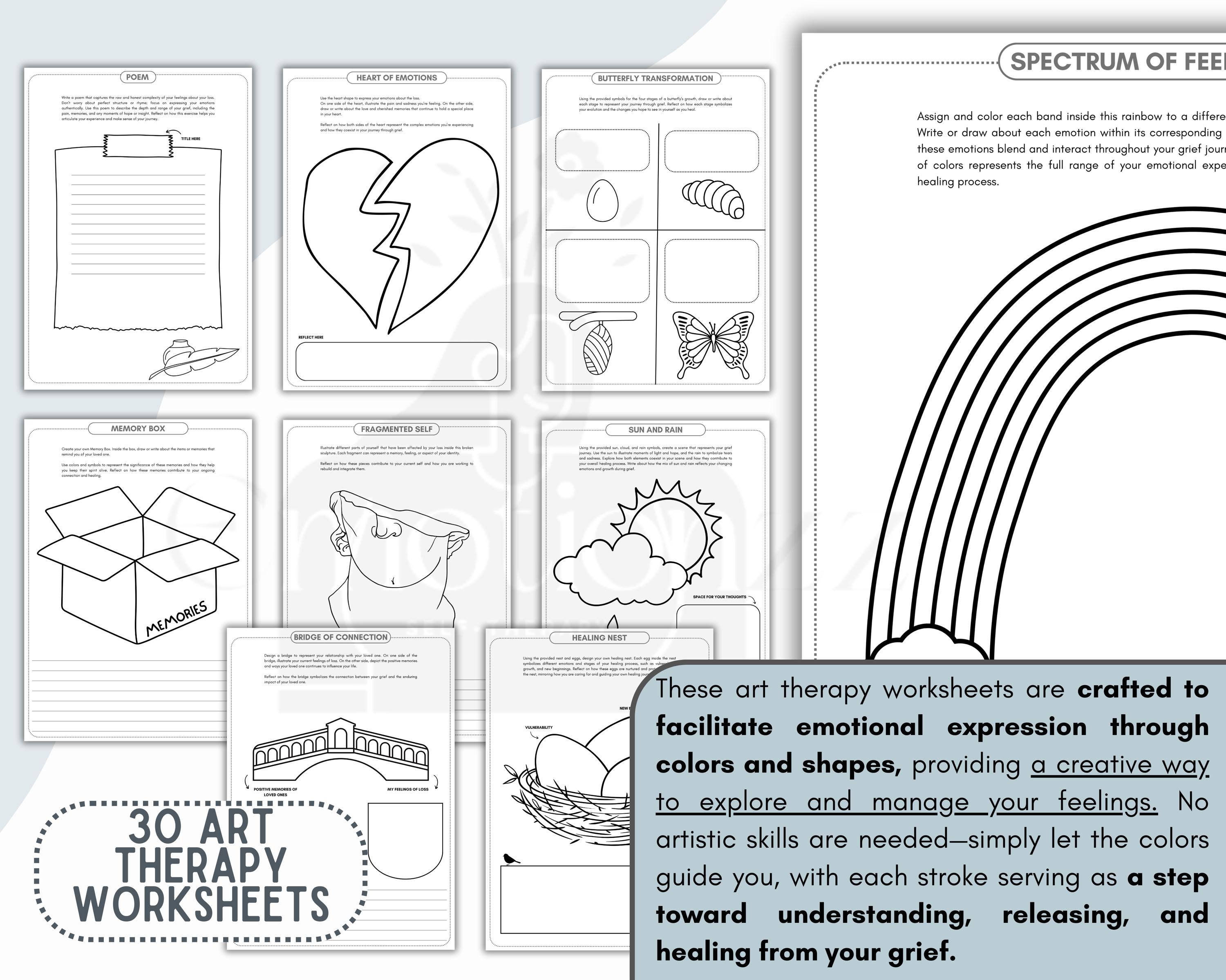 Printable Art Therapy Worksheets, Grief Healing Bundle CBT Infographics ...