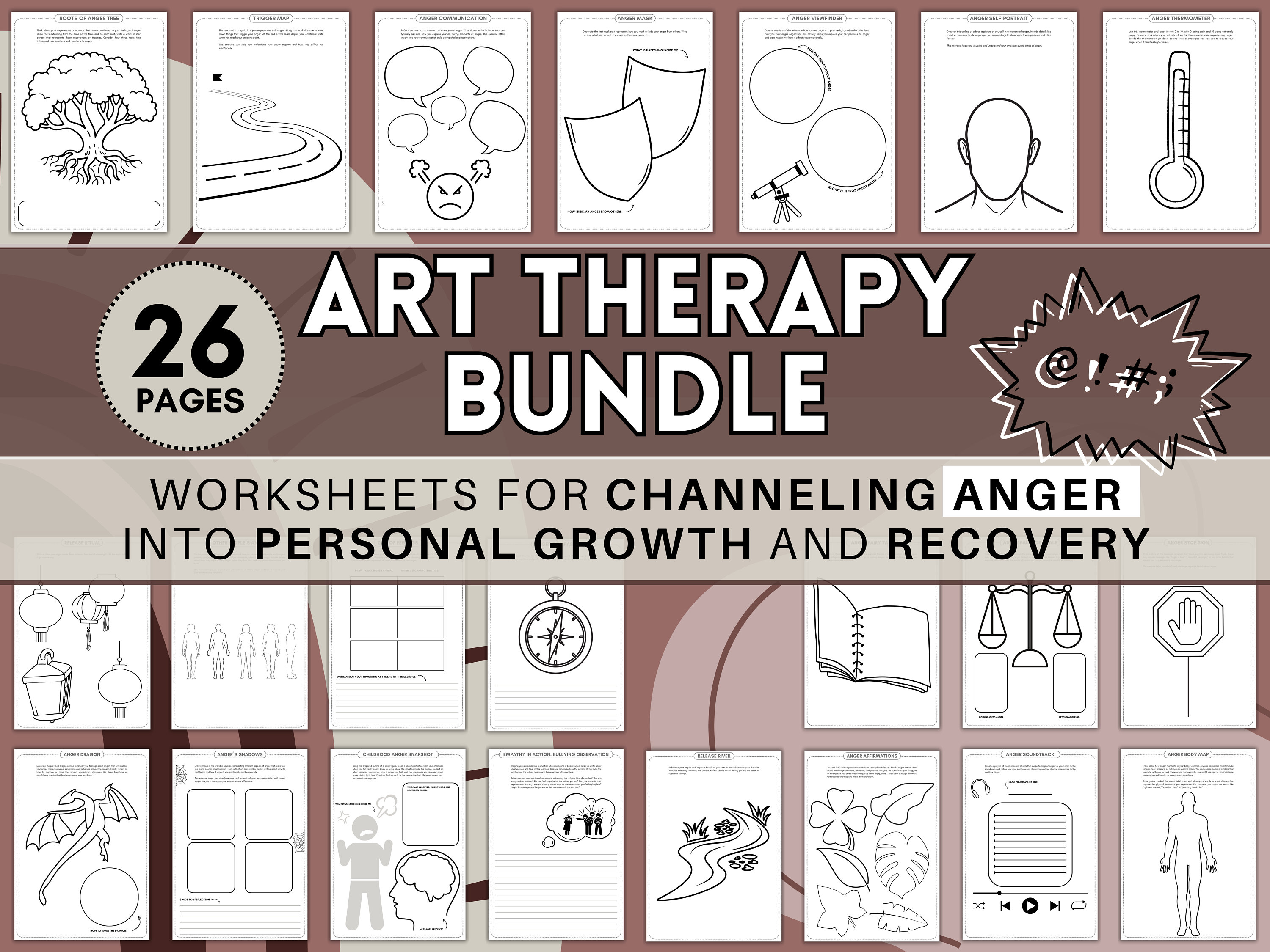 Art Therapy Worksheet Bundle, CBT Counseling Tools for Anger Management ...