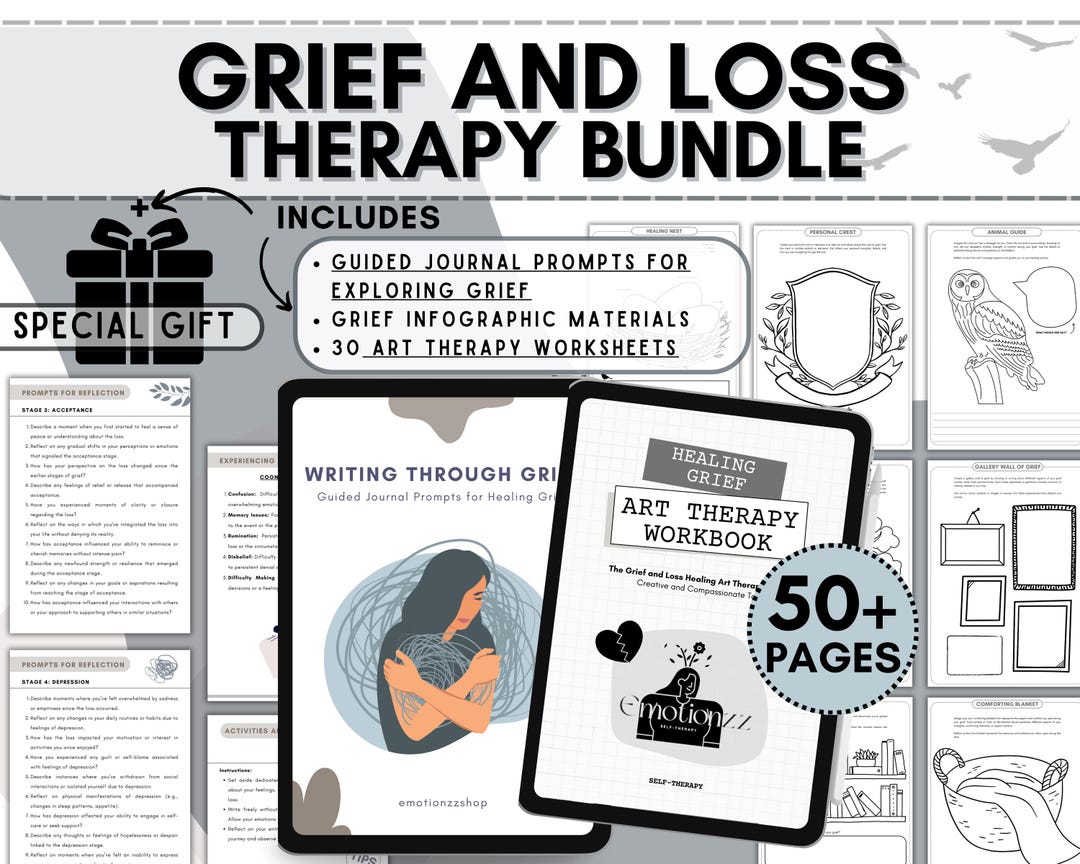 Printable Art Therapy Worksheets, Grief Healing Bundle CBT Infographics ...