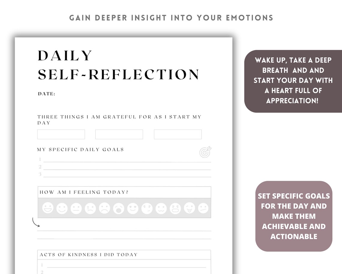Daily Self Reflection Journal Mood Tracker Printable Gratitude Diary ...