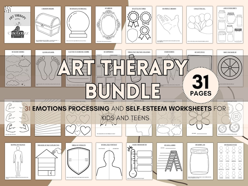 Printable Art Therapy Bundle, Emotional Regulation Worksheets, CBT Tool ...
