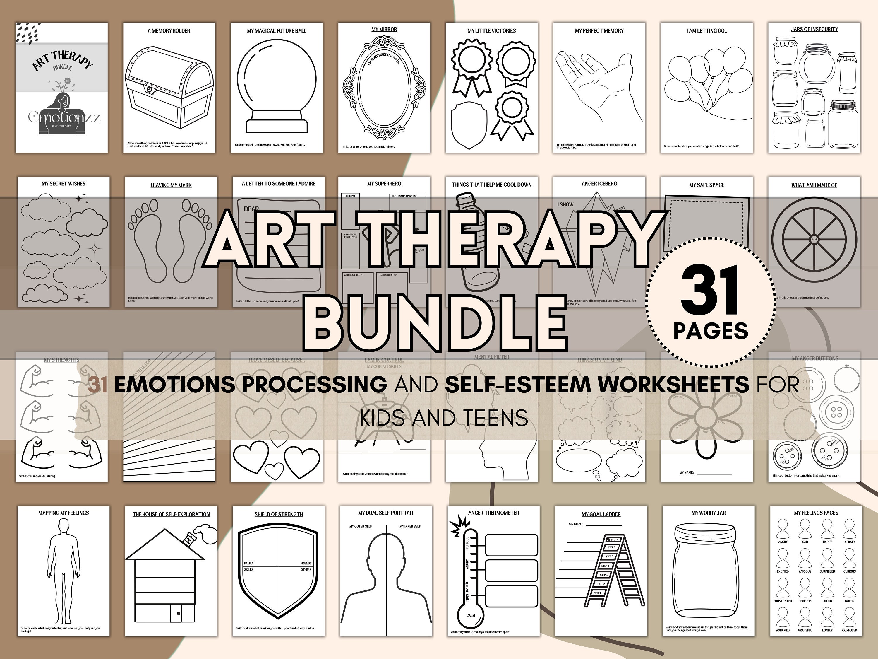 Printable Art Therapy Bundle, Emotional Regulation Worksheets, CBT Tool ...
