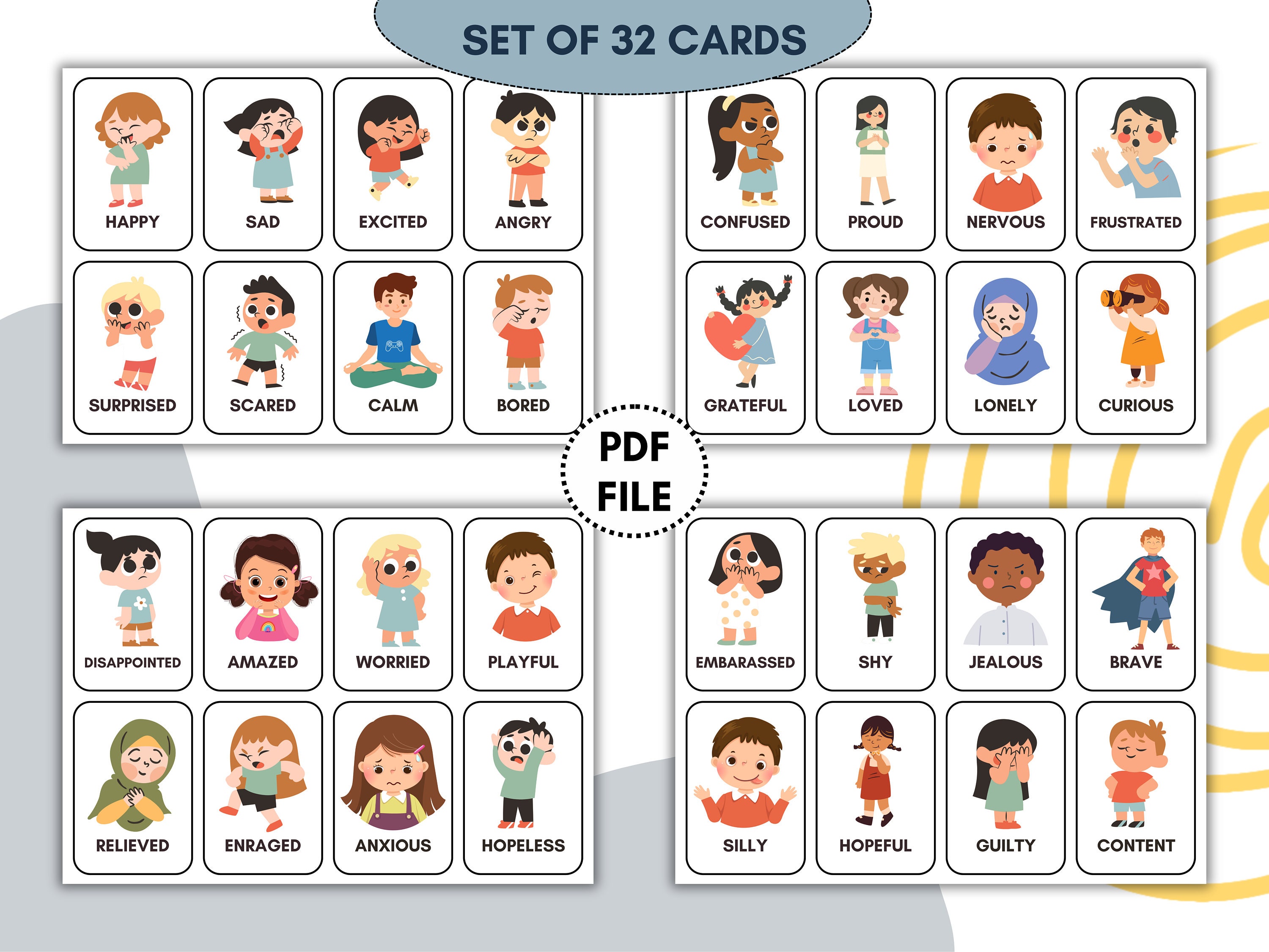 Printable Emotions Flashcards for Kids, Feelings Chart, Therapy Tools ...