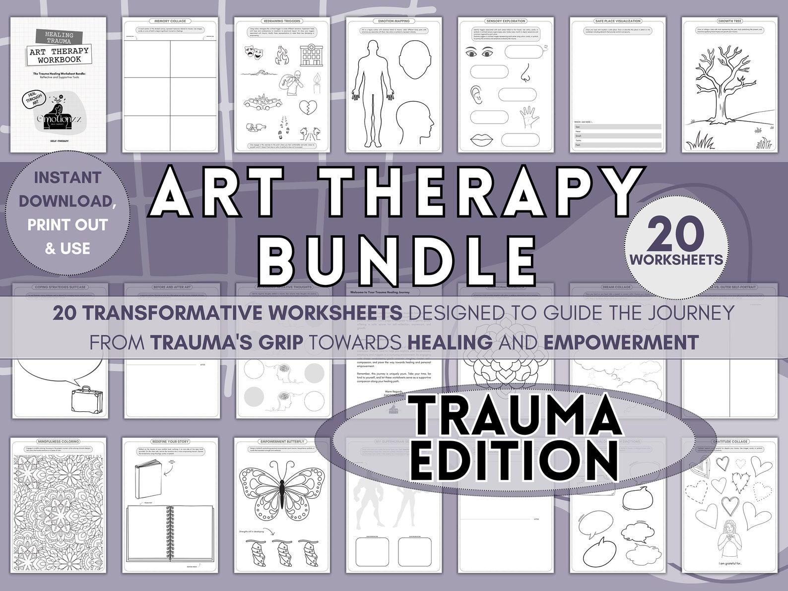 Art Therapy Worksheet Bundle for Trauma Healing, CBT Tool, Mental ...