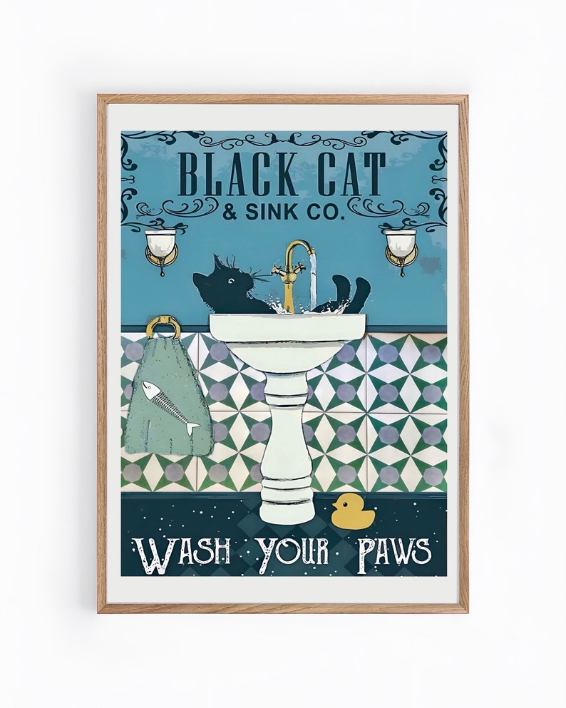 Vintage Poster, Art Deco. Black Cat ‘wash Your Paws'. Art Print ...