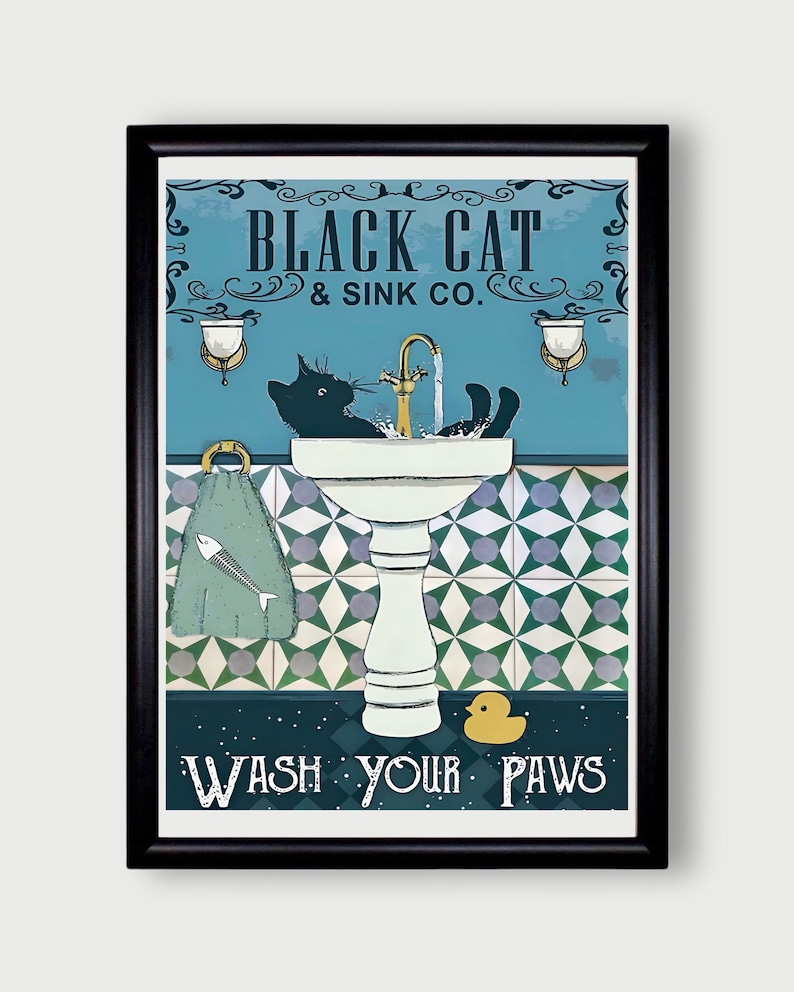 Vintage Poster, Art Deco. Black Cat ‘wash Your Paws'. Art Print ...