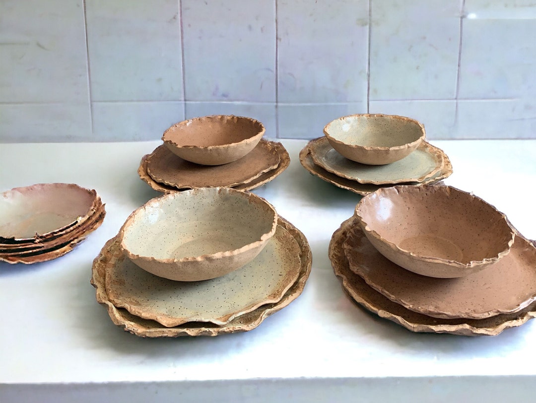 12pc Plates Set,rustic Pottery Plates, Very Rustic, Set for 4, Hand ...