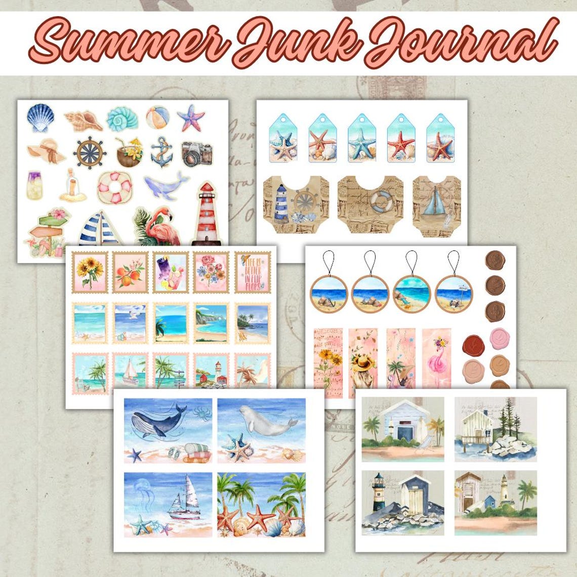 Summer Junk Journal Kit Printable Vintage Ephemera Beach Scrapbook ...