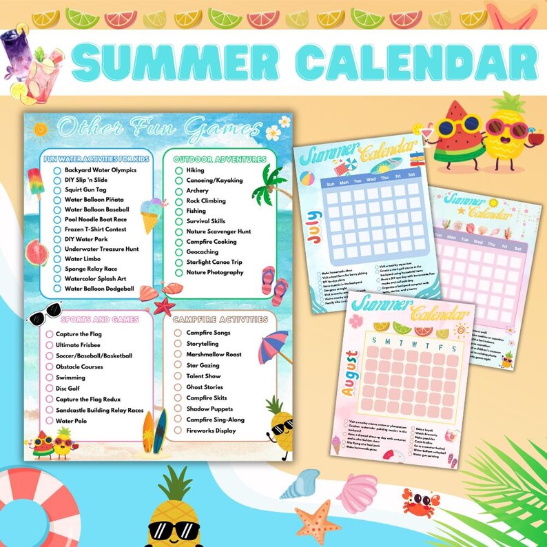 Summer Calendar Printable Beach Theme Monthly Planner for Kids Adults ...