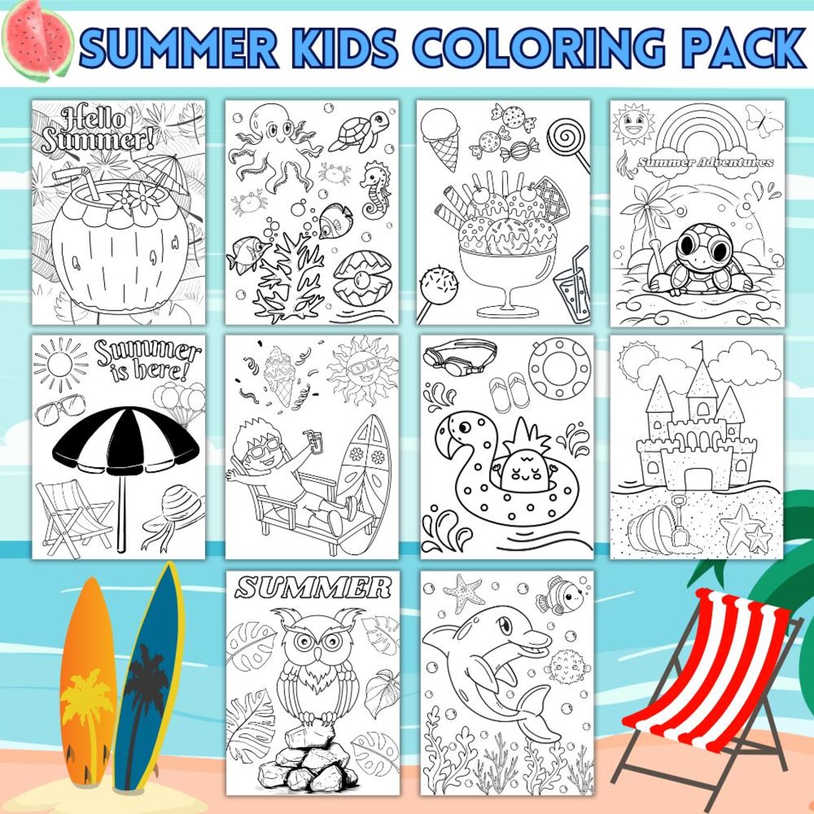 Summer Kids Coloring Pack Printable Activity Pages Beach Vacation ...