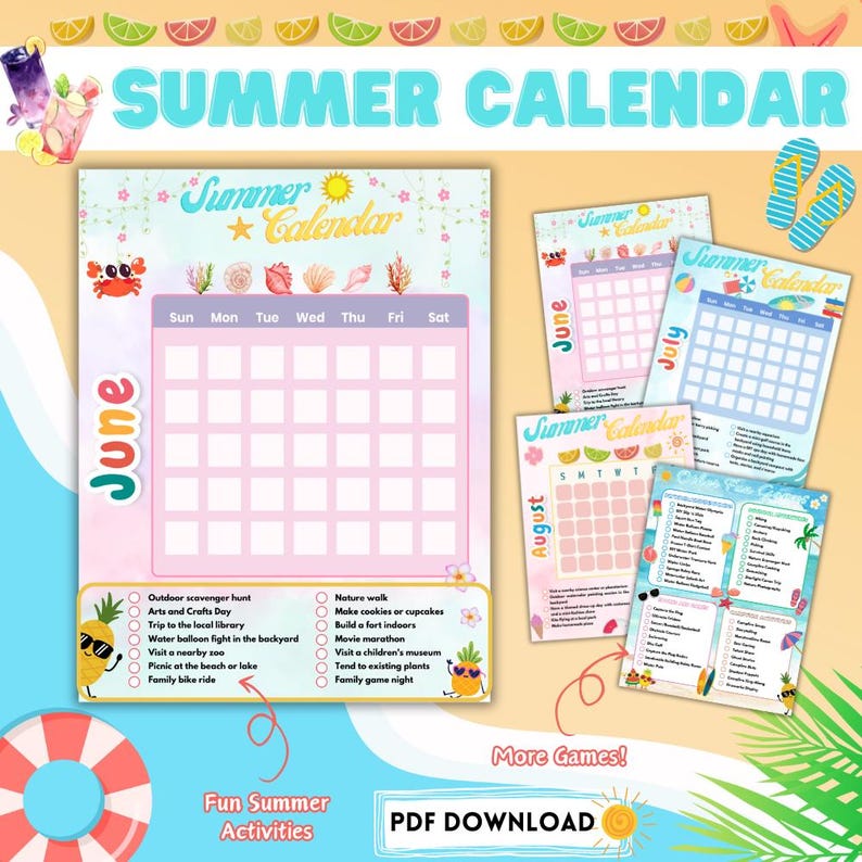 Summer Calendar Printable Beach Theme Monthly Planner for Kids Adults ...