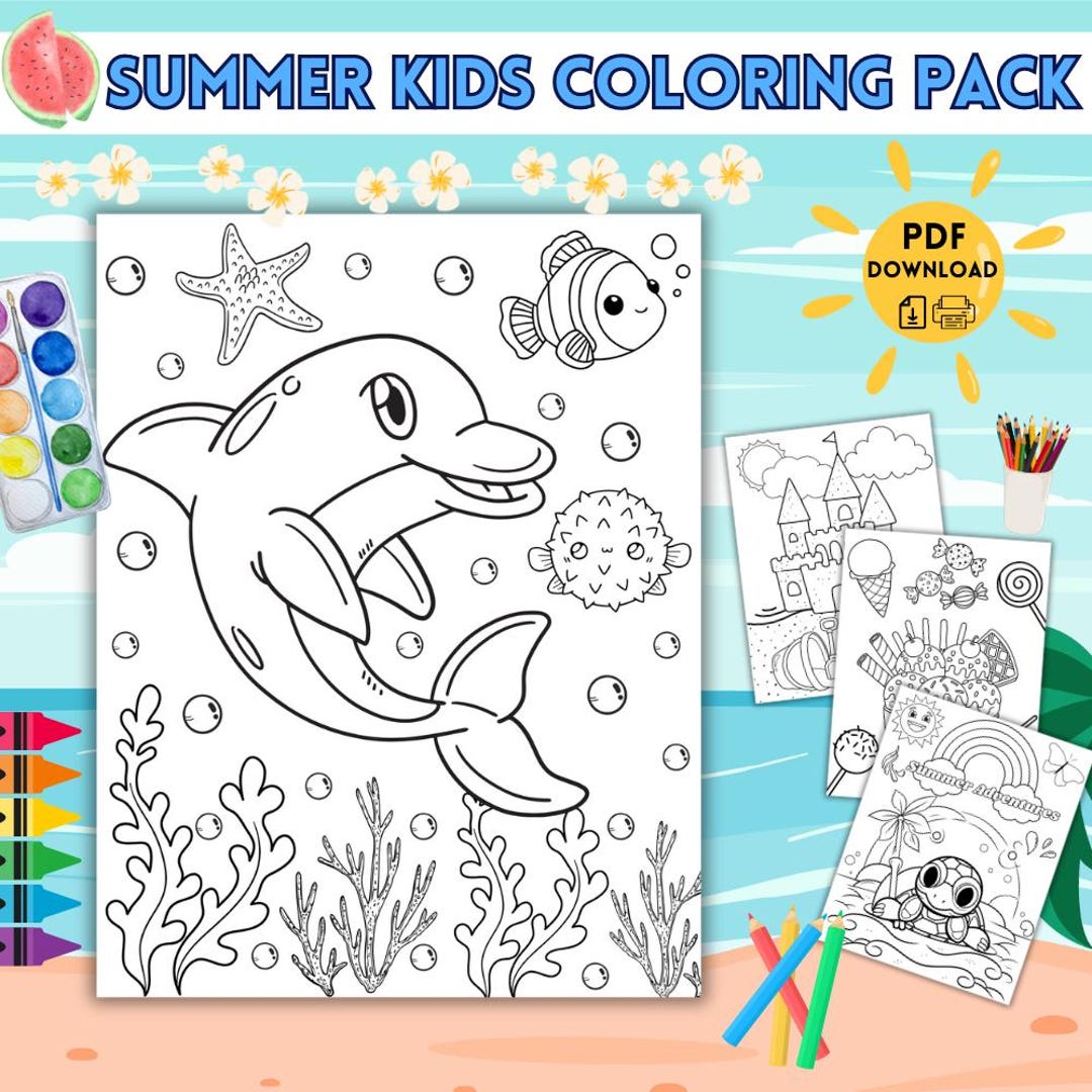 Summer Kids Coloring Pack Printable Activity Pages Beach Vacation ...