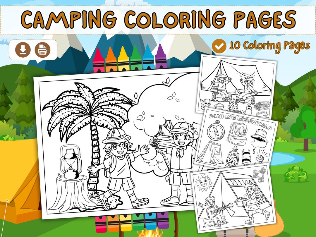 Outdoor Adventure Kids Camping Coloring Book: Printable Nature Scenes ...