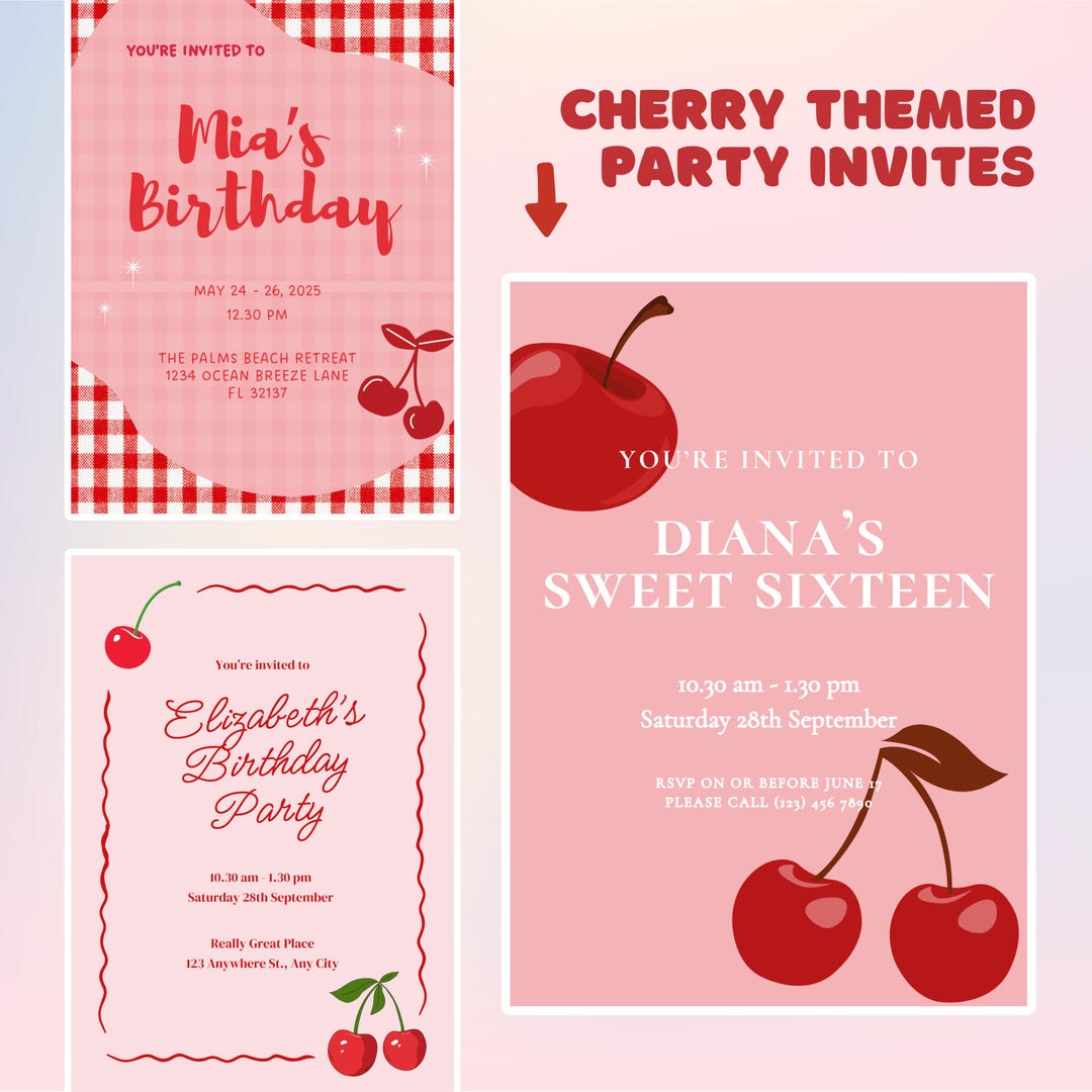 Cherry Themed Party Invitations | Sweet Sixteen, Birthday Party Invites ...